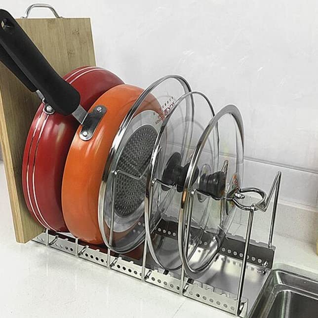 Kitchen Spice Rack Standing Shelf Pan Pot Lid Organizer Adjustable Dish Rack Drainer Cutting Board Holder Cookware Stand Holder for Cabinet Storage Kitchen Countertop Sav
