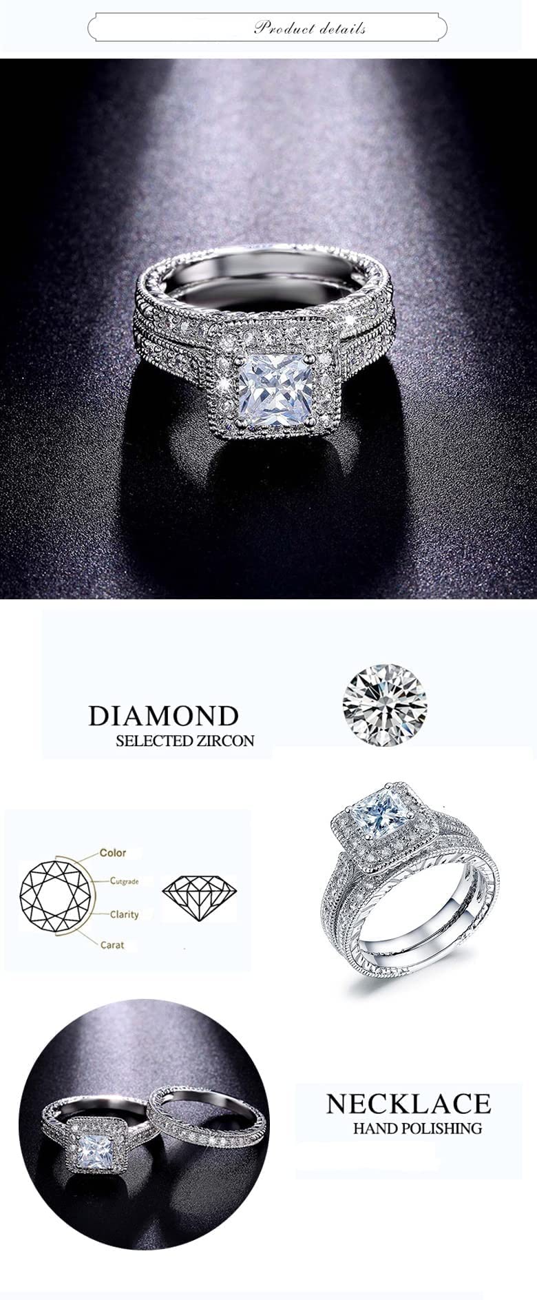 KIOYDISE Wedding Band Sets for Him and Her Engagement Ring Set Square Rings Sterling Silver Sparkly Cubic Zirconia Wedding Band Bridal Set Stacking Valentines Gift (5)