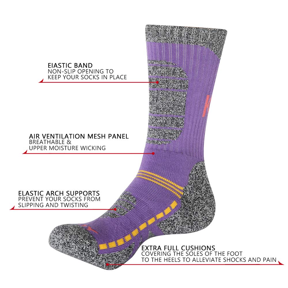 KONY Womens Cotton Full Cushioned Hiking Socks, 5 Pack Moisture Wicking Outdoor Trekking Crew Socks (Mix-3, Large(US Shoe size 8.5-11))
