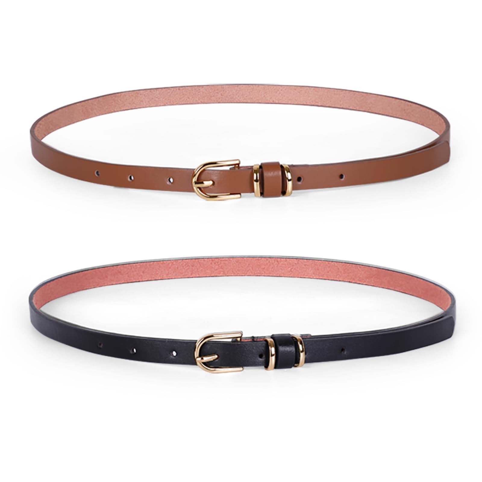 JASGOOD Women Faux Leather Skinny Belt for Jeans Plus Size Slim Solid Color Waist Belt Set of 2 (Black+Brown,Best for Waist Size 44-49 Inch)