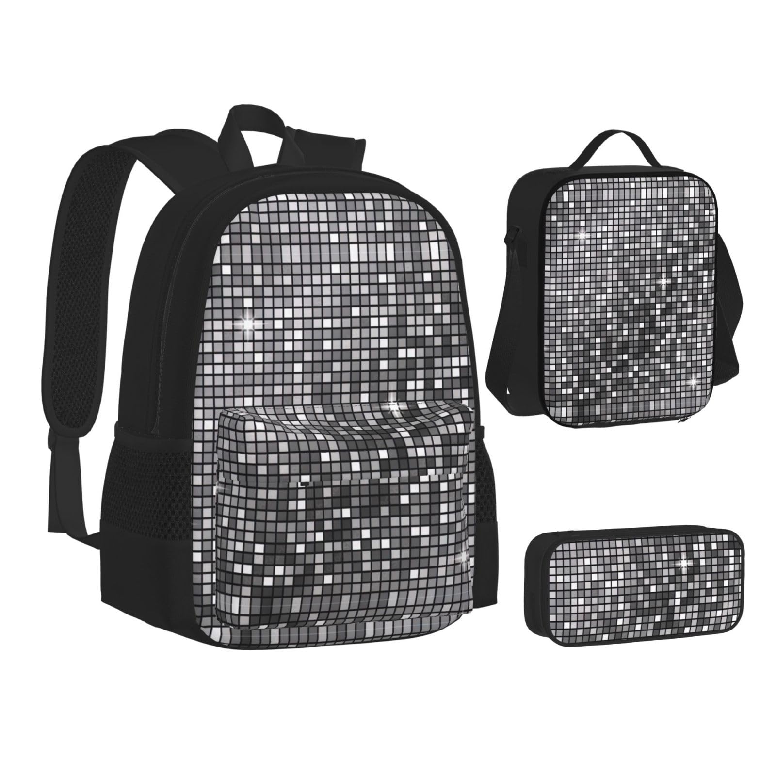 KoNsev 3pcs Backpack Sets,Silver Sequin Sparkle Pattern Printed Backpacks Set With Lunch Bag Pencil Pouch