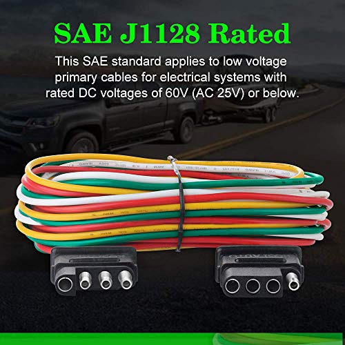 juneven 6ft 4 Wire 4-Flat Trailer Light Wiring Harness Kit 4 Way Trailer Wire Extension & Wishbone-Style with 18 Gauge White Ground Wire SAE J1128 Rated