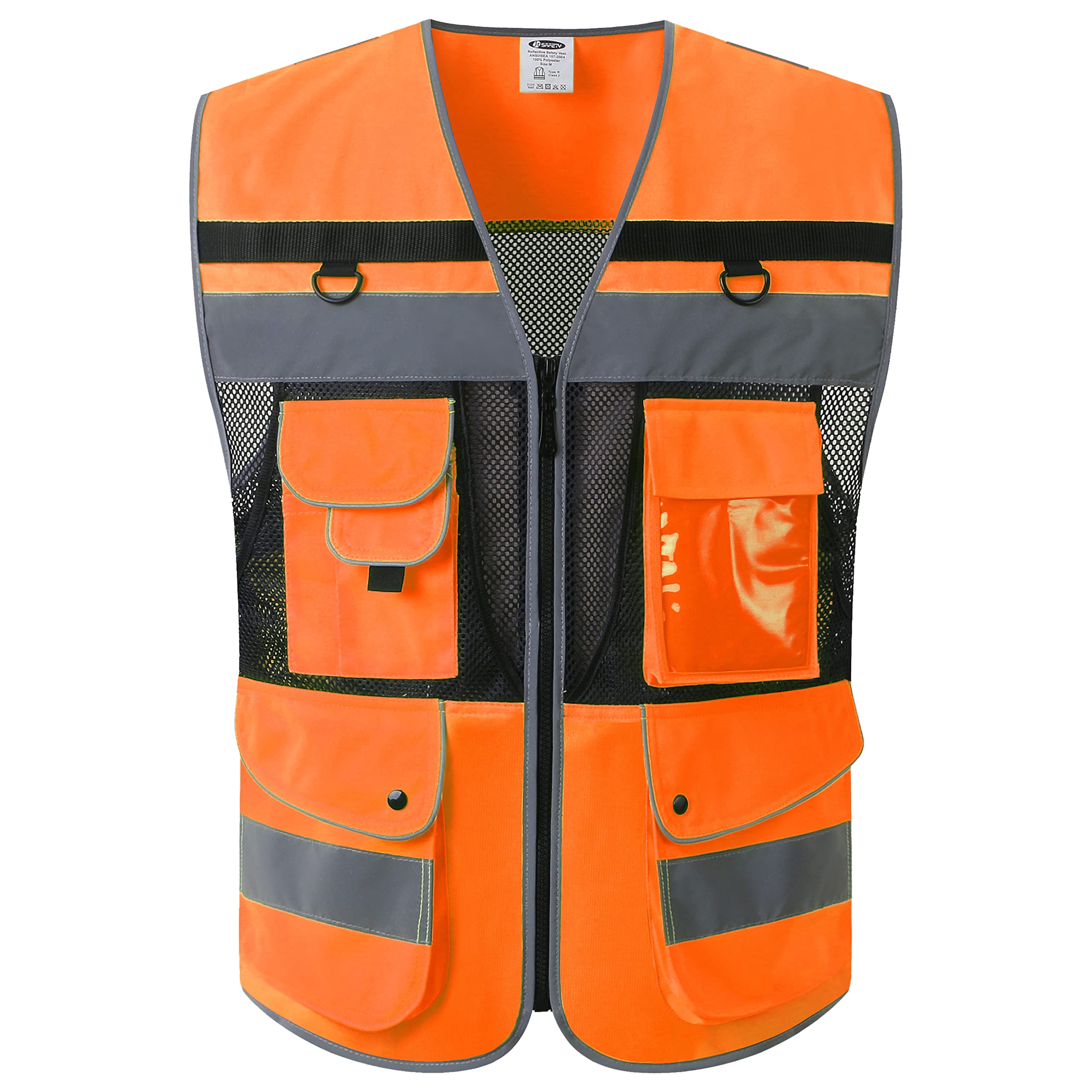 JKSafety 12 Pockets Class 2 High Visible Reflective Safety Vest Zipper Front Back Pockets Mesh Lining, Yellow-Black Meets ANSI/ISEA Standards (180-Yellow-Black XXL)