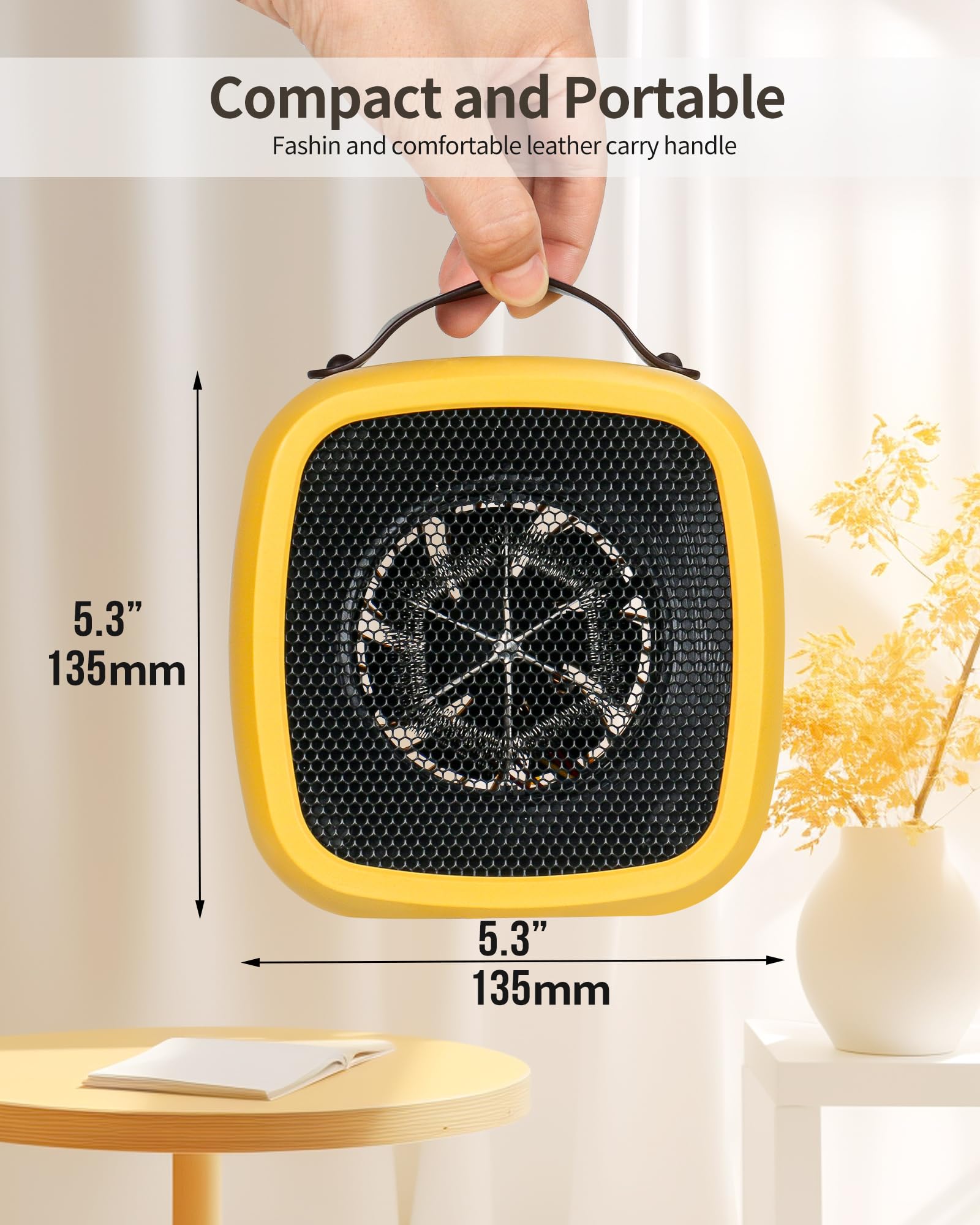 PTC Ceramic Desktop Space Heater Indoor, Silence Electric Fan Heater, Mini Space Heater 500W High Output Mini Heater for Indoor Home (Yellow)