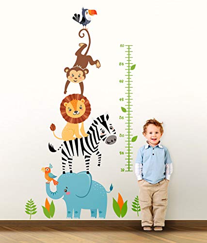 Jungle Animals Growth Chart Wall Decal, Safari Growth Chart Wall Sticker, Lion Elephant Monkey Zebra Kids Room Wall Decor