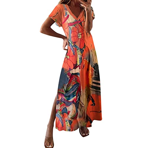 Red Pleated Skirts for Women Plus Size Summer Short Sleeve Deep V Neck Casual Long Dress Maxi Dresses Red