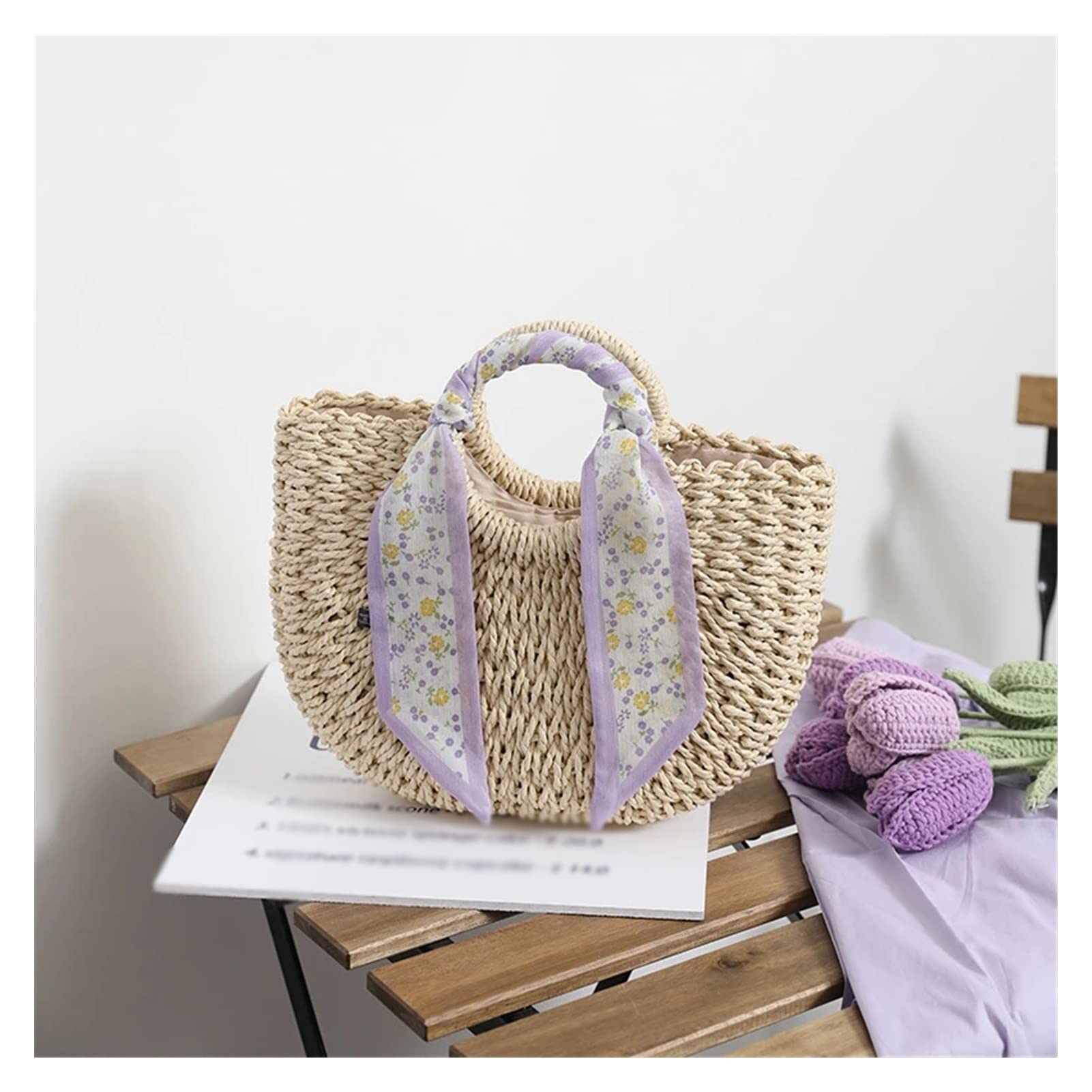 n/a Summer Handmade Woven Rattan Straw Bag Round Handle Purple Tote Beach Vacation Female Semicircle Handbag (Color : B, Size : One Size)