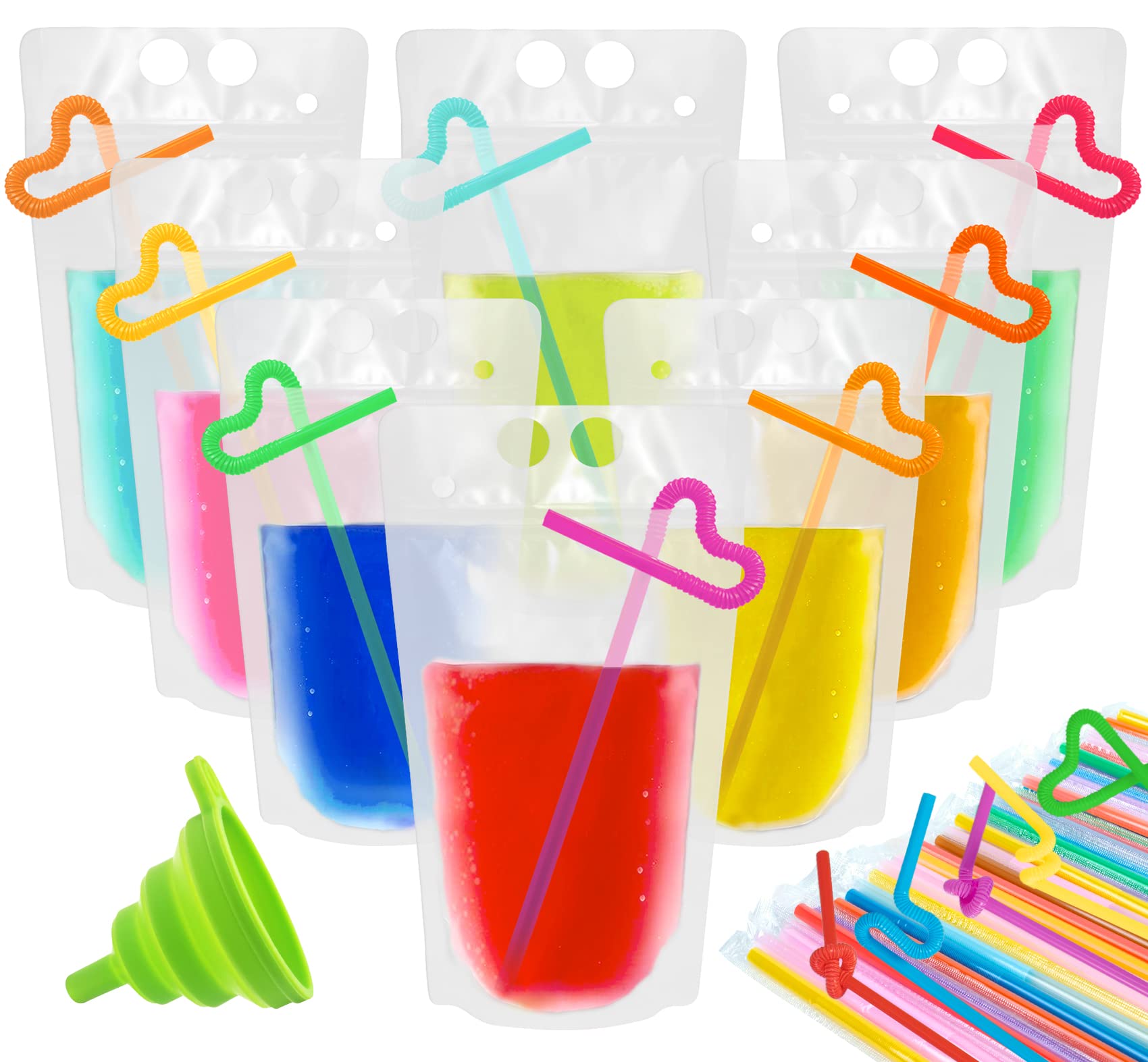 Ozera Drink Pouches, 100 Pcs Plastic Pouches with Straws Funnel, Reusable Clear Juice Pouches for Adults Fit Smoothie Ice Drink Fruit, Nuts, Coffee and Candy