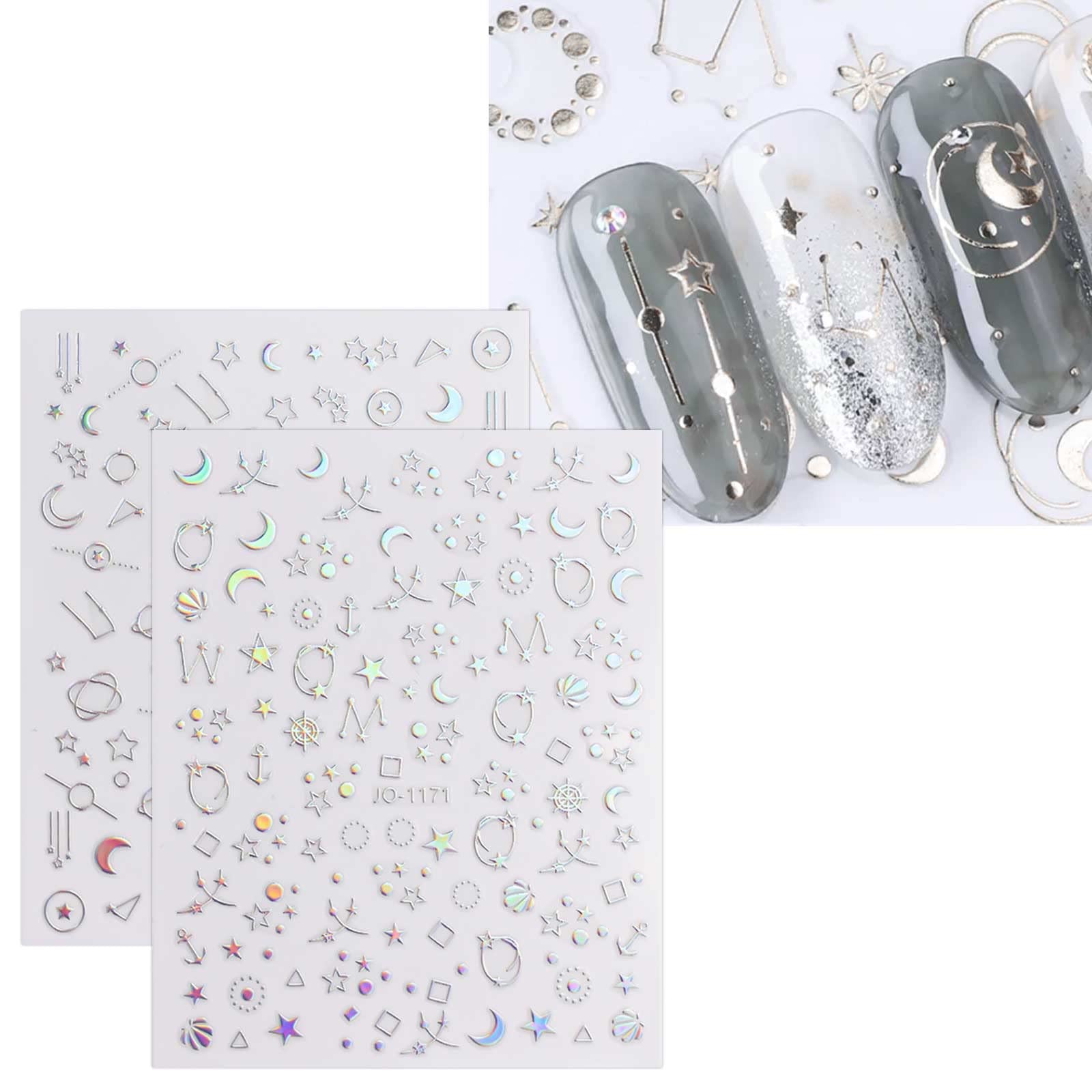 JMEOWIO 12 Sheets Aurora Nail Art Stickers Decals Self-Adhesive Pegatinas Uñas Glitter Holographic Star Heart Nail Supplies Nail Art Design Decoration Accessories