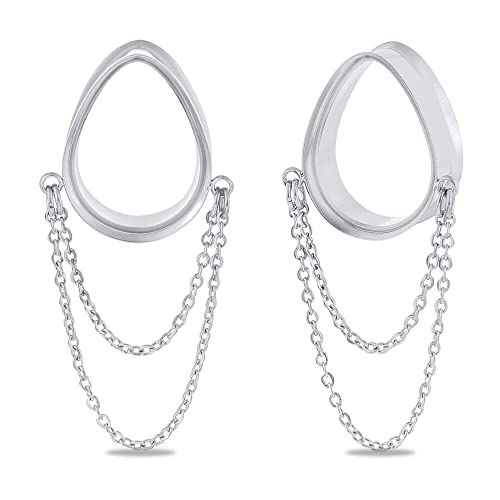 LADEMAYH 2 PCS Teardrop with Chain Ear Plugs Tunnels Gauges for Women - Silver Stainless Steel 316L Body Piercing Basic Earrings for Stretched Earlobe 10mm=00g