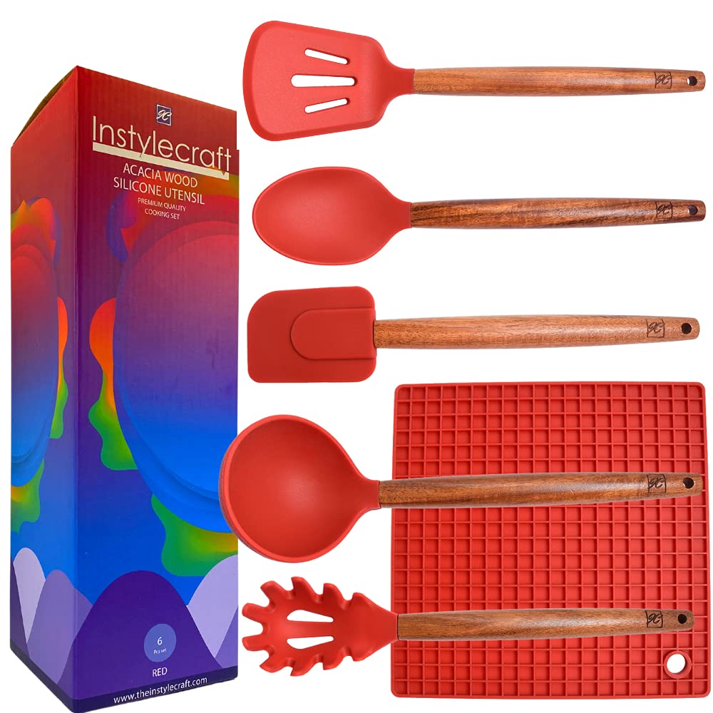 Instylecraft Silicone Kitchen Utensils Set Red Wood Cooking set, Kitchen Utensils Tools, Wooden Handle Spoons, Multi-functional TRIVET MAT BPA Free, Non Toxic, FOOD-GRADE SILICONE