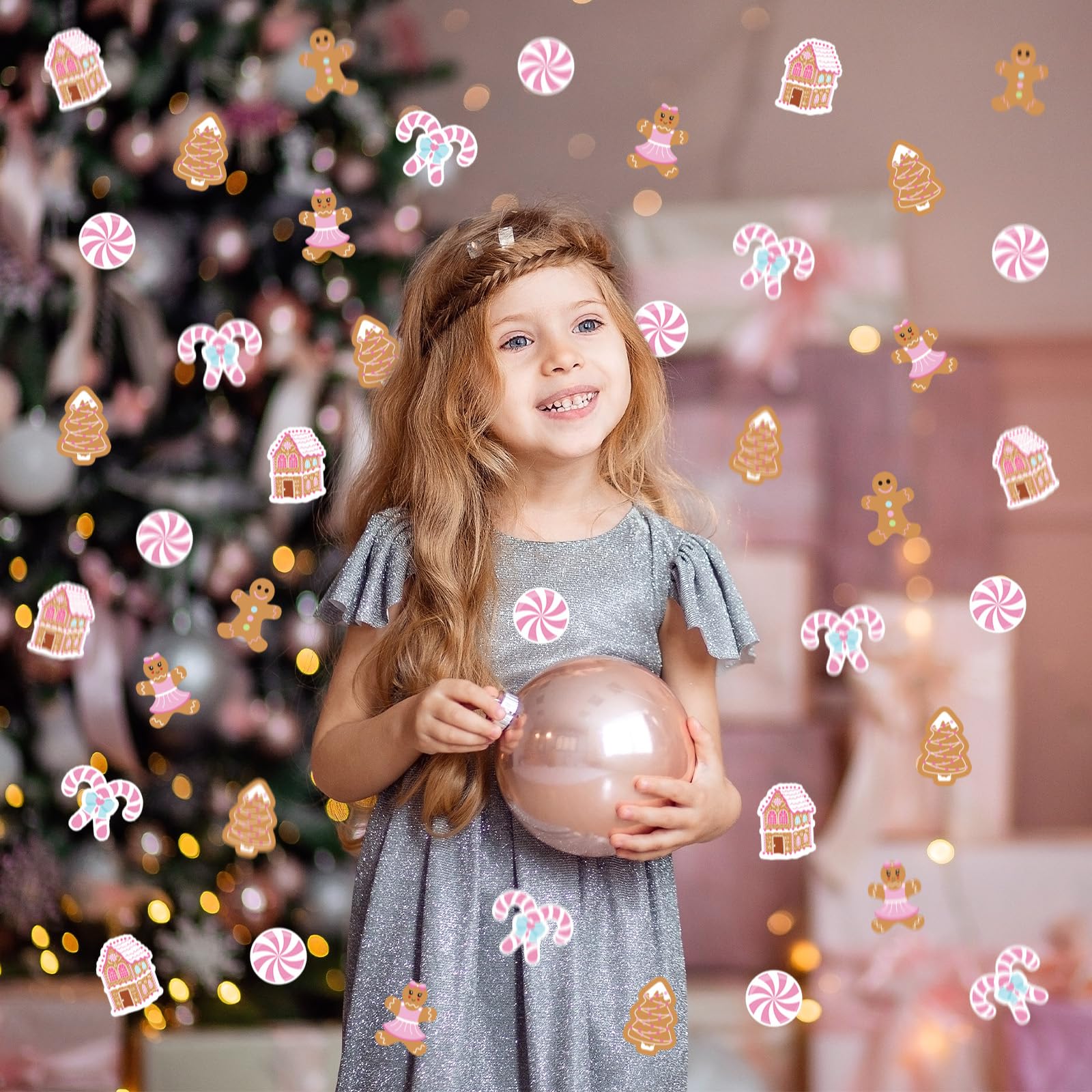 Whaline 270Pcs Pink Christmas Confetti Gingerbread Man Candy Xmas Tree Paper Confetti Table Confetti Decorations for Winter Holiday Baby Shower Birthday