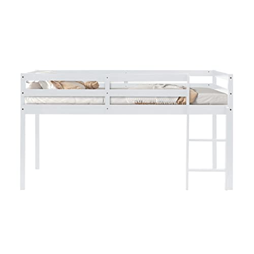 Tmosi Low Loft Bed Twin,Solid Wood Kids Twin Bed Frame with Ladders and Guard Rails,Space Saving Twin Size Loft Bed for Girl Boy,No Box Spring Needed,Easy to Assembly (Built-in Ladder-White)