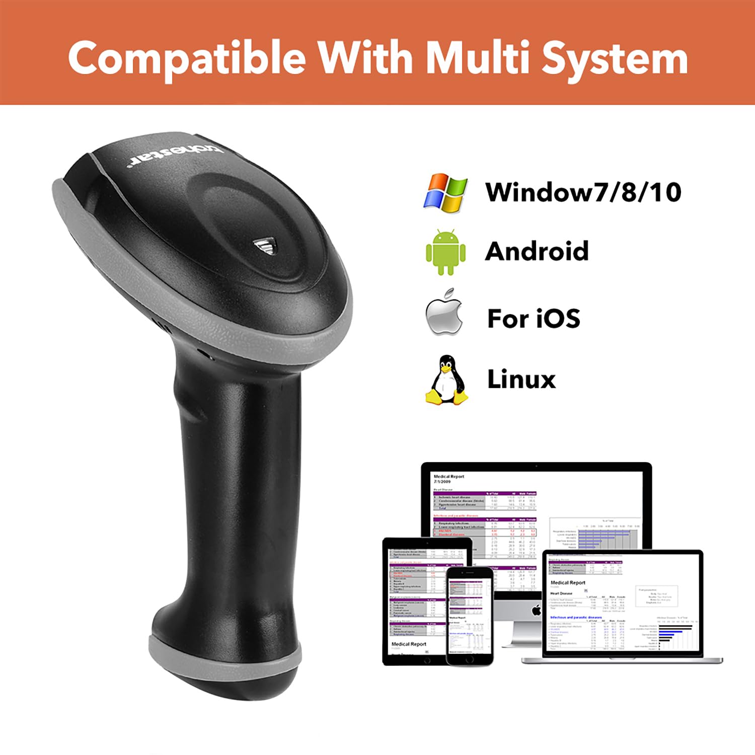 Trohestar Wireless 1D 2D QR Barcode Scanner, Compatible with Bluetooth Function & 2.4GHz Wireless & Wired Connection Bar Code Reader Scanner with Charging Cradle for Supermarket Retail Warehouse