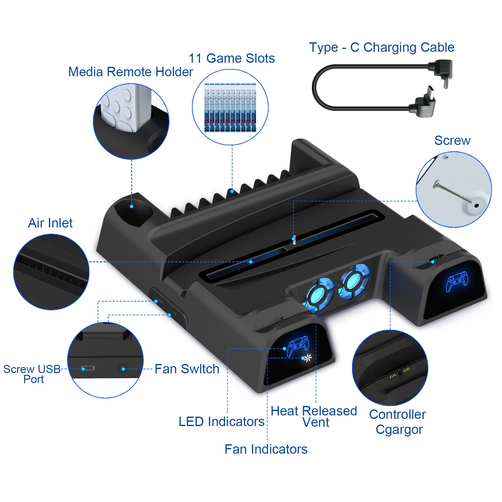 PS5 Stand with Cooling Station and Controller Charger PlayStation 5 Dual Controller Charger Station for PS5 Console with 3 Levels Adjustable Fans Speed and USB Ports 11 Games Storage