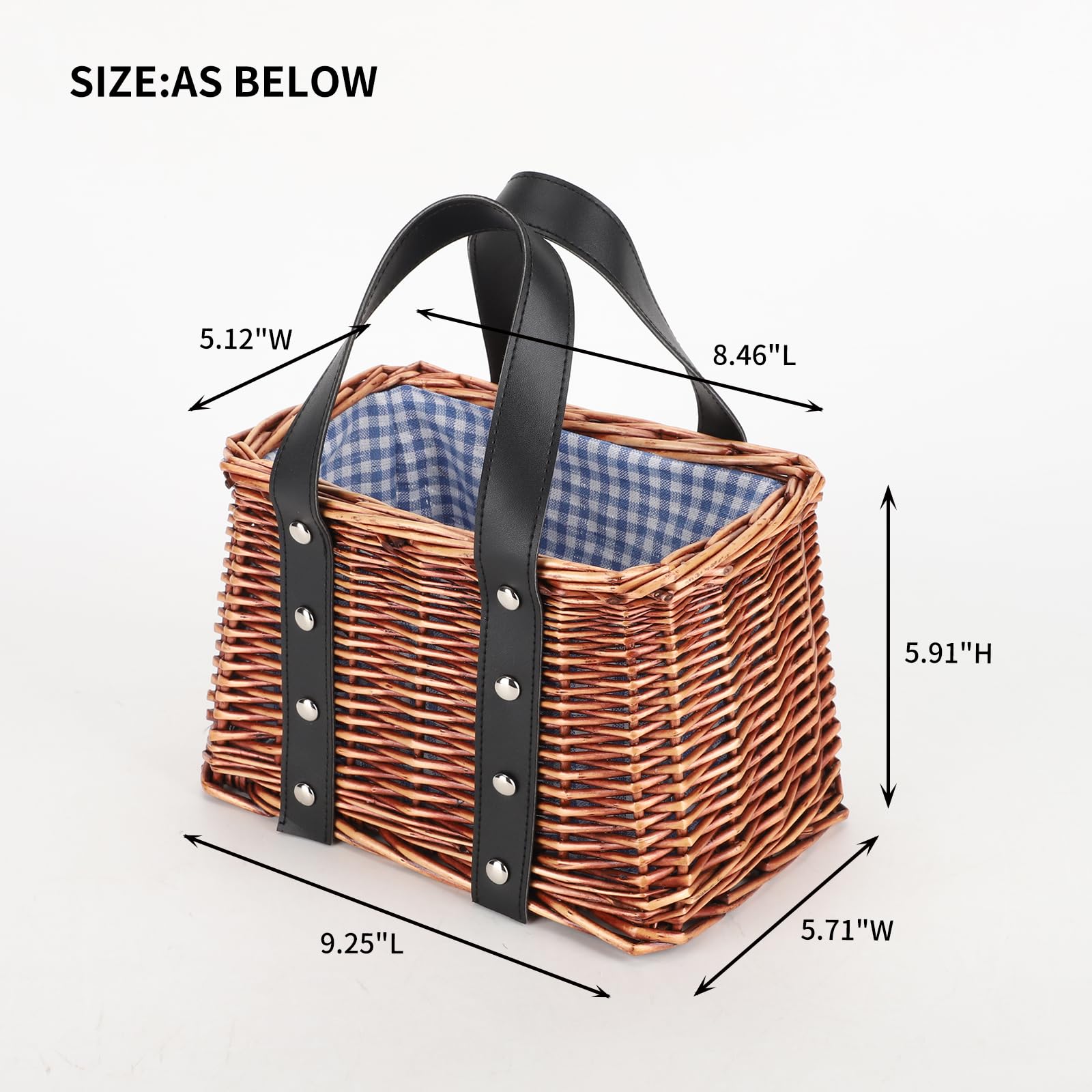 KINGWILLOW Wicker Trapezoidal Storage Basket Container with Handles, Small Organizer Box, Blue&White Lining