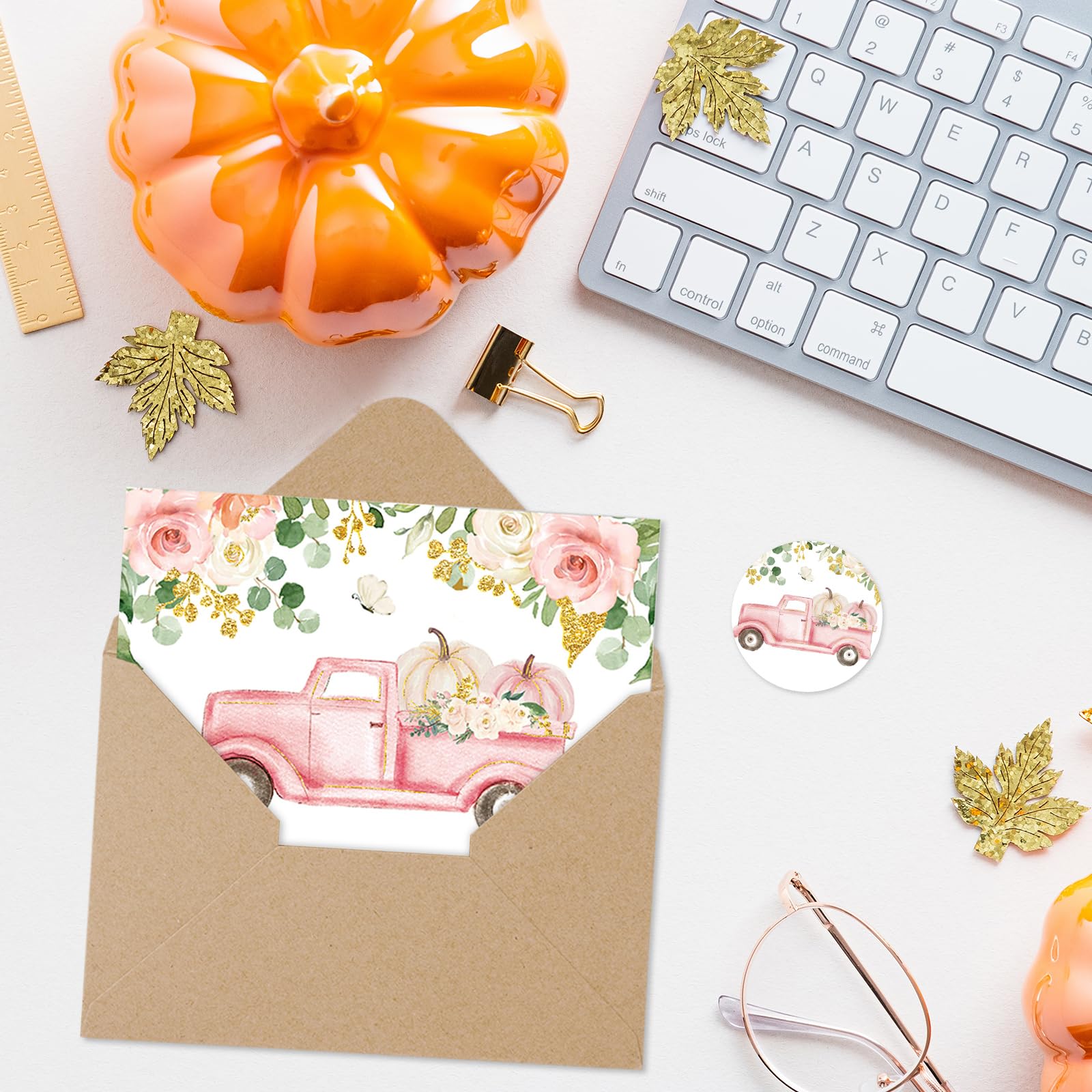 Whaline 36 Pack Fall Gold Foil Thank You Cards Pink Floral Pumpkin Greeting Cards Autumn Blank Note Cards with Stickers Envelopes for Thanksgiving Wedding Bridal Shower