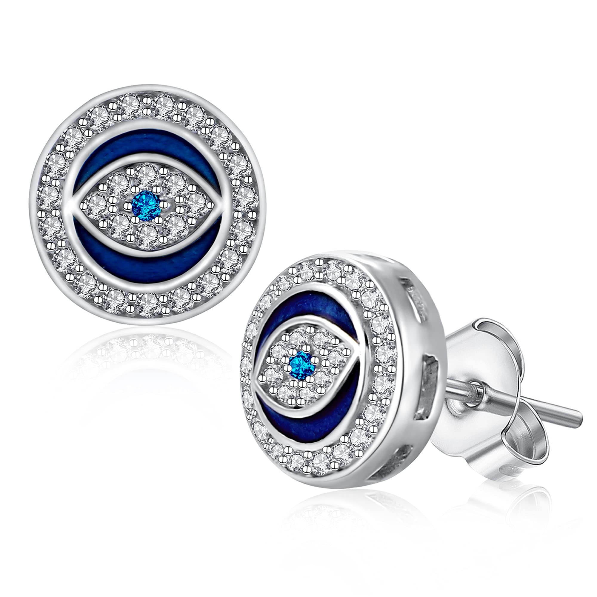 MOONQUEEN Blue Evil Eye Stud Earrings 925 Sterling Silver Eardrop Cubic Zirconia,Lucky Gift for Women Girls
