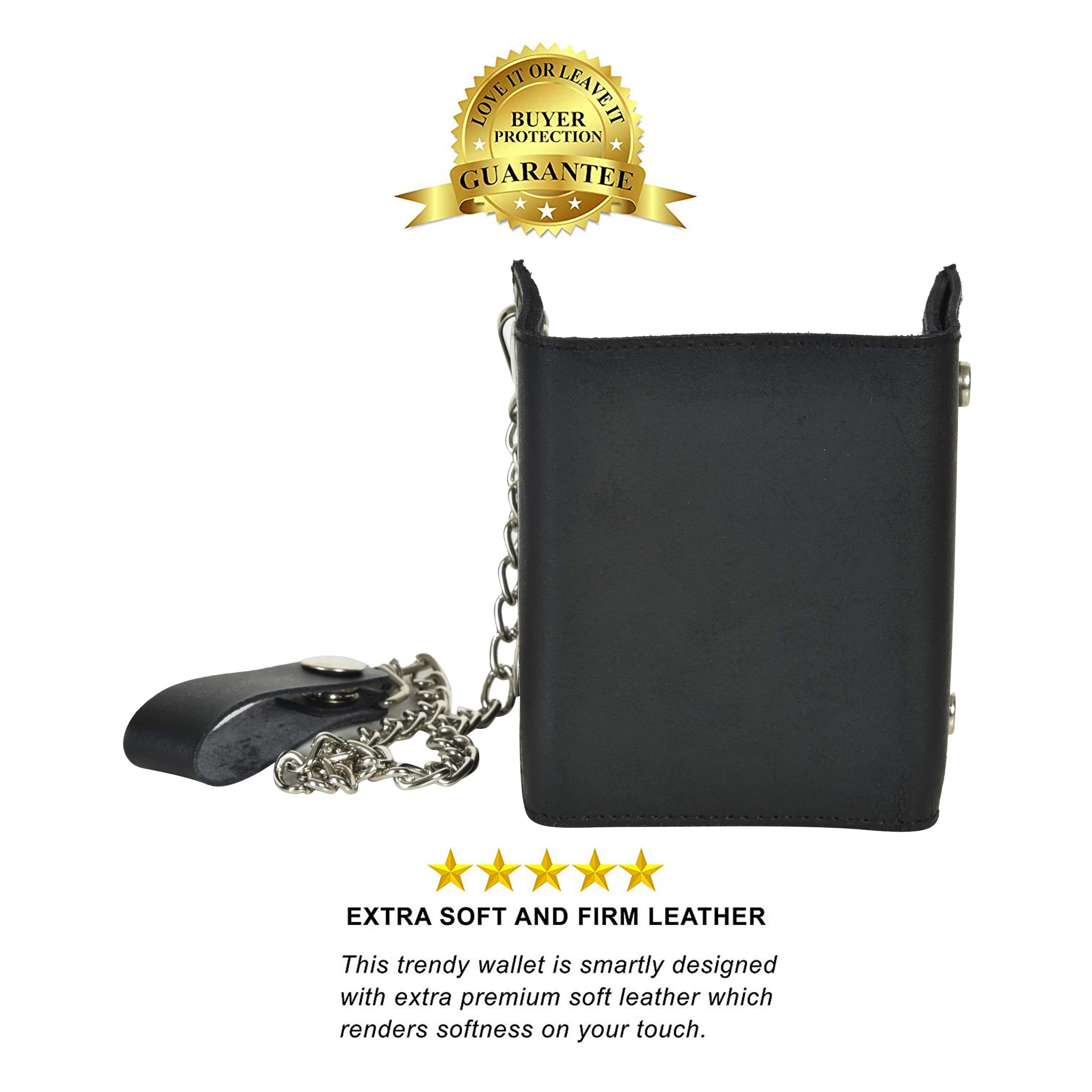 Leatherboss Genuine Leather Trifold Skull Biker Chain Wallet Credit Card Cash with ID Holder, Black