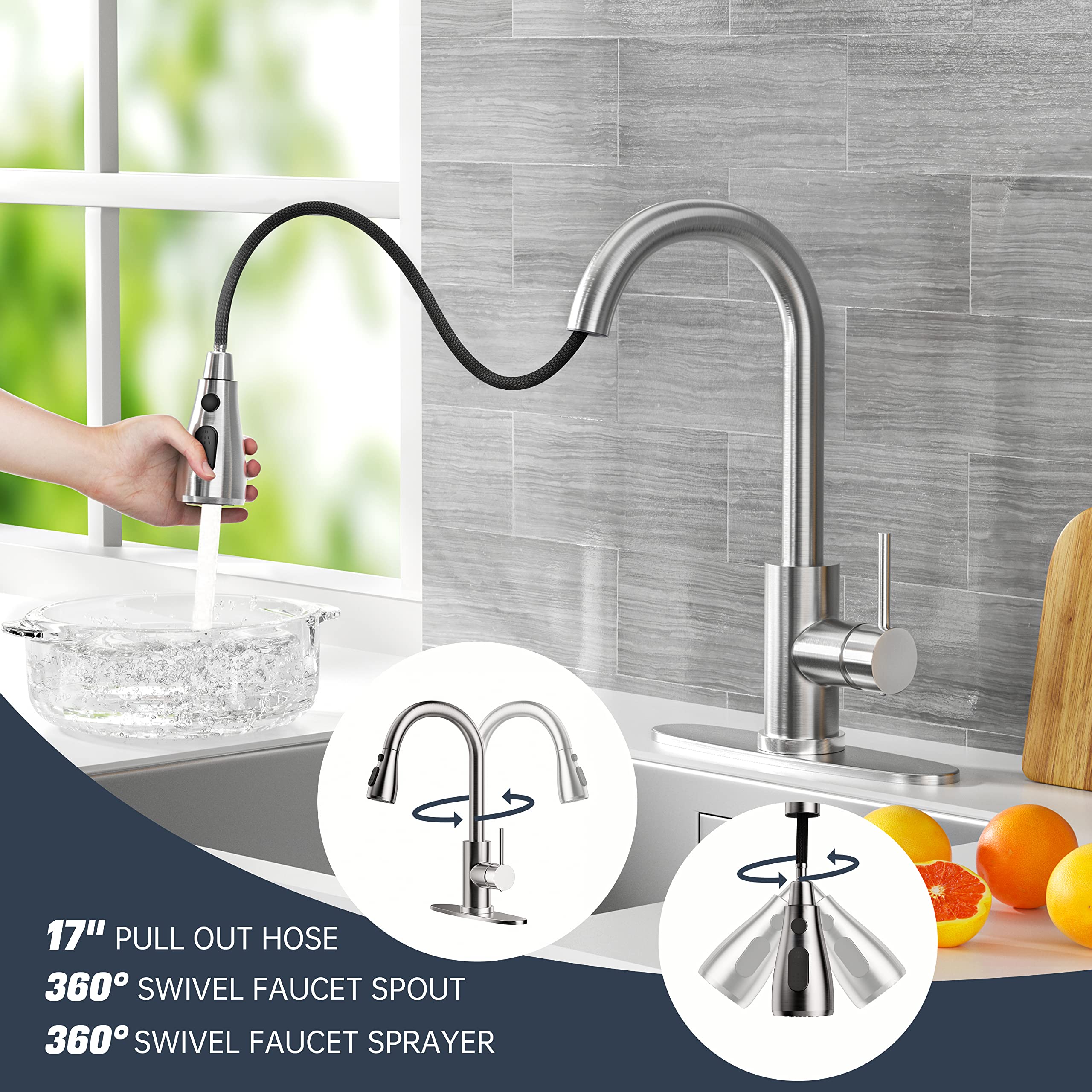 Kitchen Faucet with Pull-Down Spray Single Handle high arc Commercial Stainless Steel Brushed Nickel Kitchen Sink Faucet with Deck Suitable for bar Laundry RV Farmhouse (Brushed Nickel)