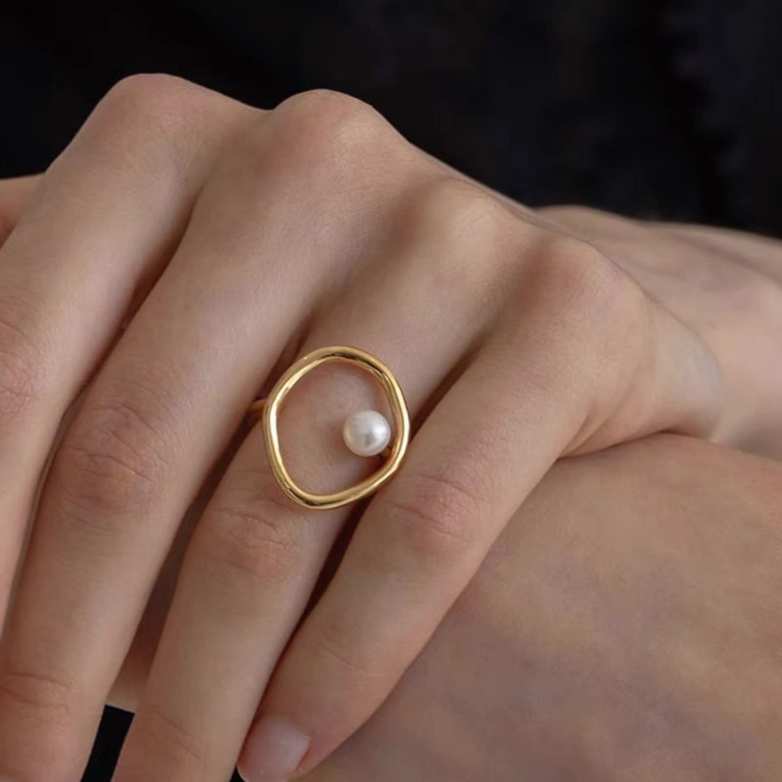 Moonstan Pearl Rings For Women 18K Gold Plated Adjustable Simple Elegant For Girls Gift