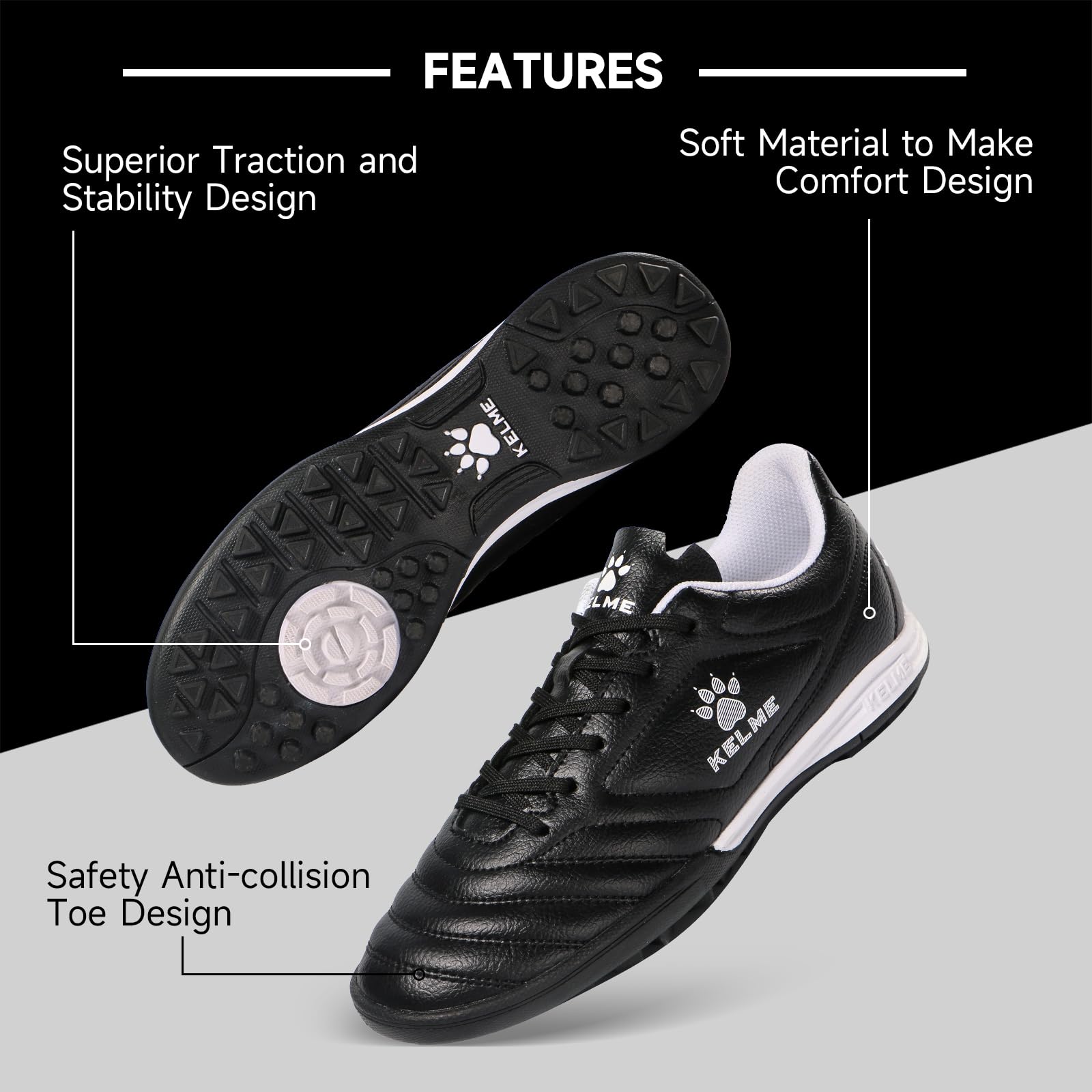 KELME Men Indoor Turf Soccer Shoe, Arch Support Soccer Cleats, Performance Futsal Sneaker Black US 8.5
