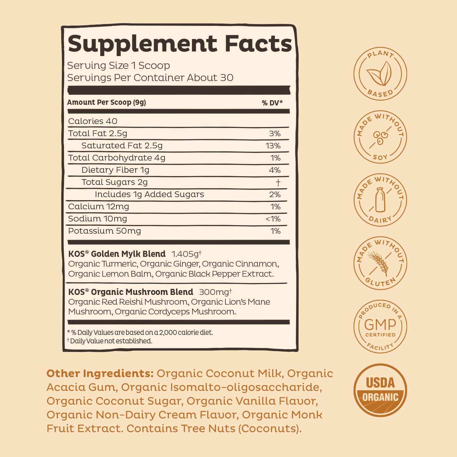 KOS Golden Mylk with Tumeric and Ginger, Organic Superfood Latte Powder, Adaptogen Mushroom Blend - Coffee Creamer, Dessert & Smoothie - Caffeine Free, Vegan, Dairy-Free, Gingerbread Chai, 28 Servings