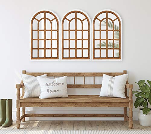Kate and Laurel Boldmere Traditional Wood Windowpane Arch Wall Mirror, 22" x 38", White and Brown, Farmhouse Inspired Home Decor