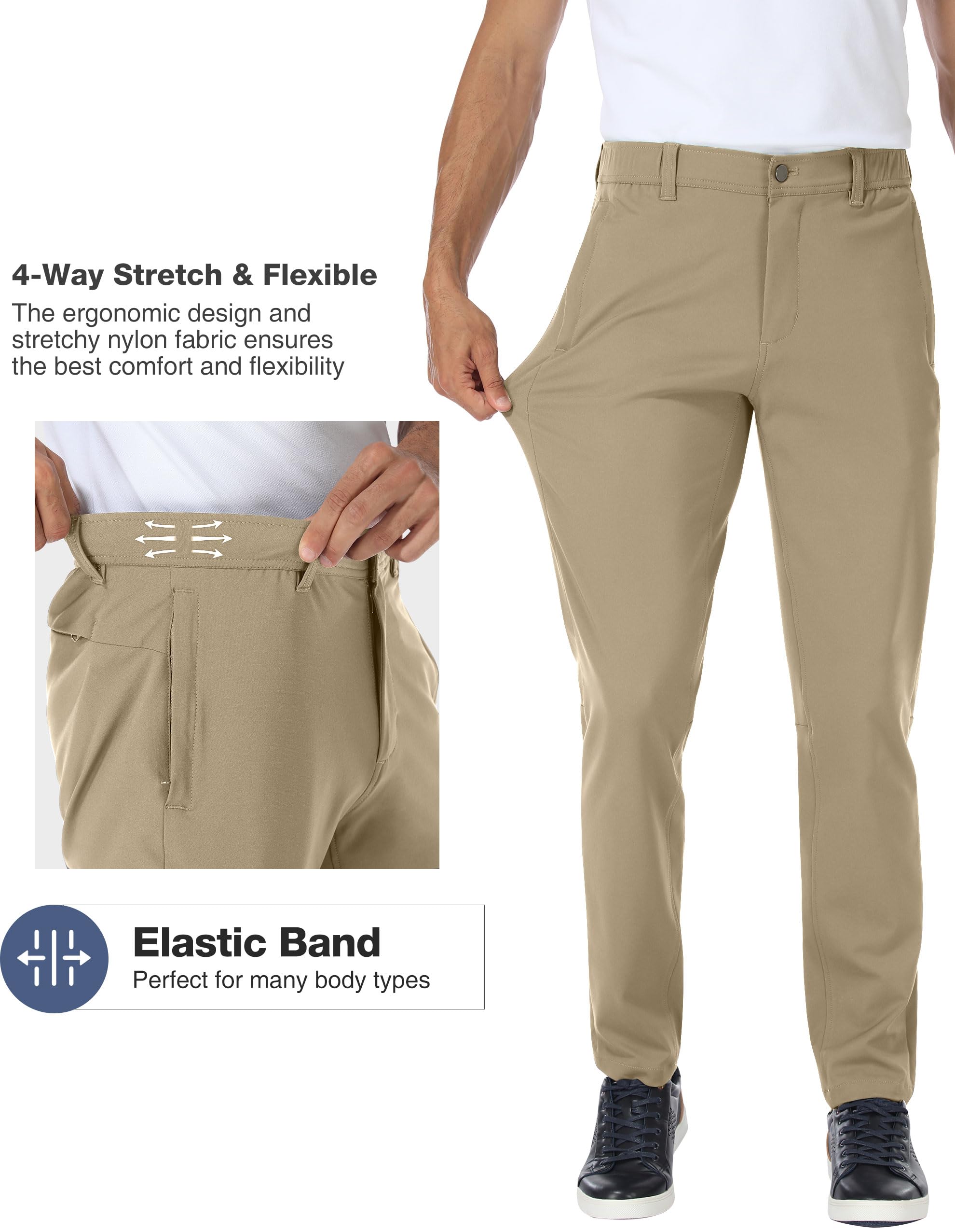 PULI Golf Pants Men Stretch Slim Fit Waterproof Dress Casual Work Hiking Tapered Pants with Pockets Stone,38Wx32L