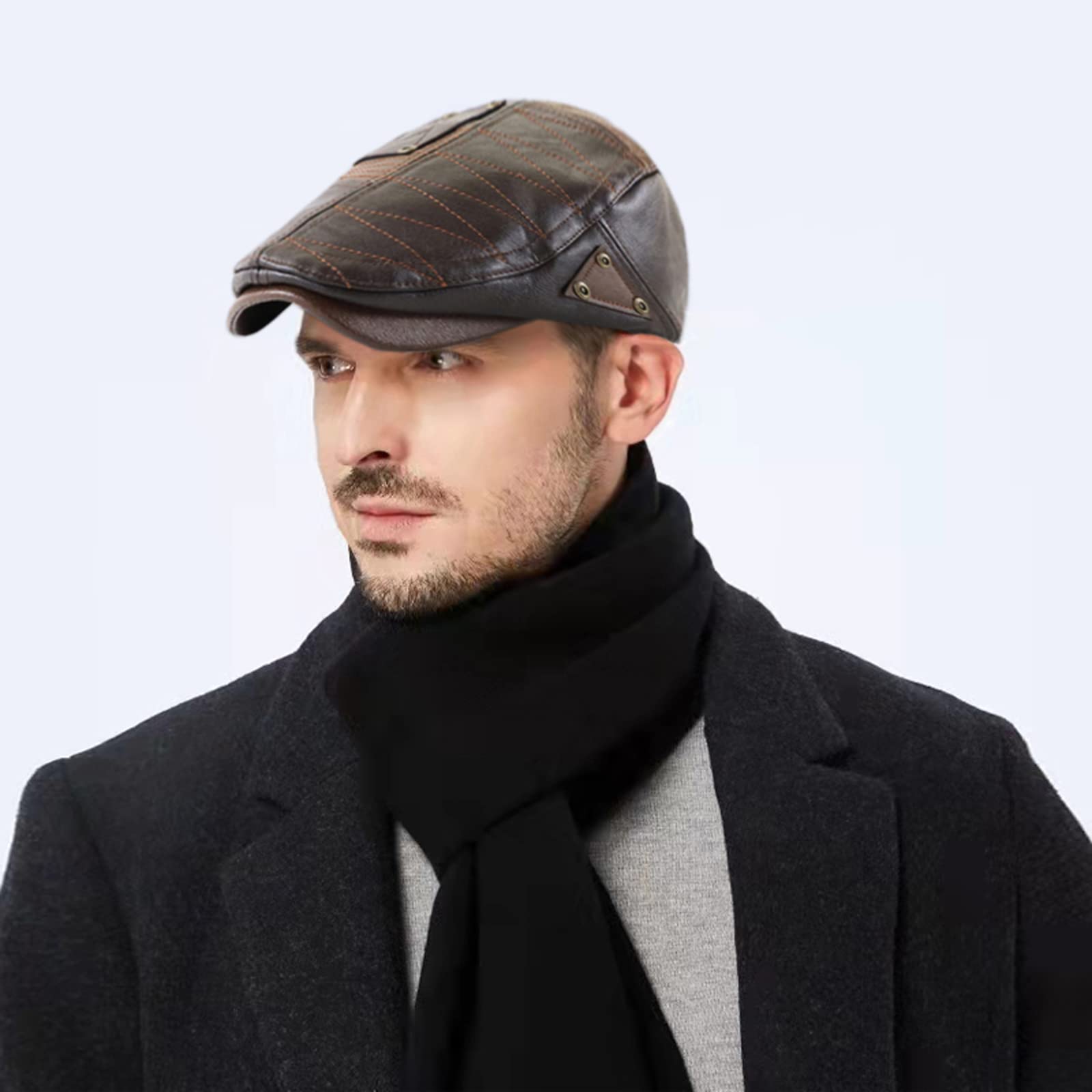 Mens Adjustable PU Leather Ivy Cap Newsboy Hat Classic Golf Flat Cap Gatsby Driving Fishing Hat for Men Father Dad (2# Light Coffee)