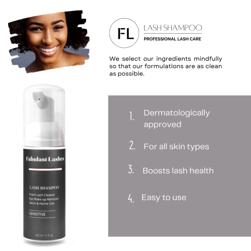 Lash Shampoo for Lash Extensions Kit - Cleaning Brush & Mascara Wand - Sensitive Foaming Eyelash Extension Cleanser Eye Makeup Remover - Paraben, Sulfate, Oil Free - Salon & Home Use (60ml/ 2fl Oz)