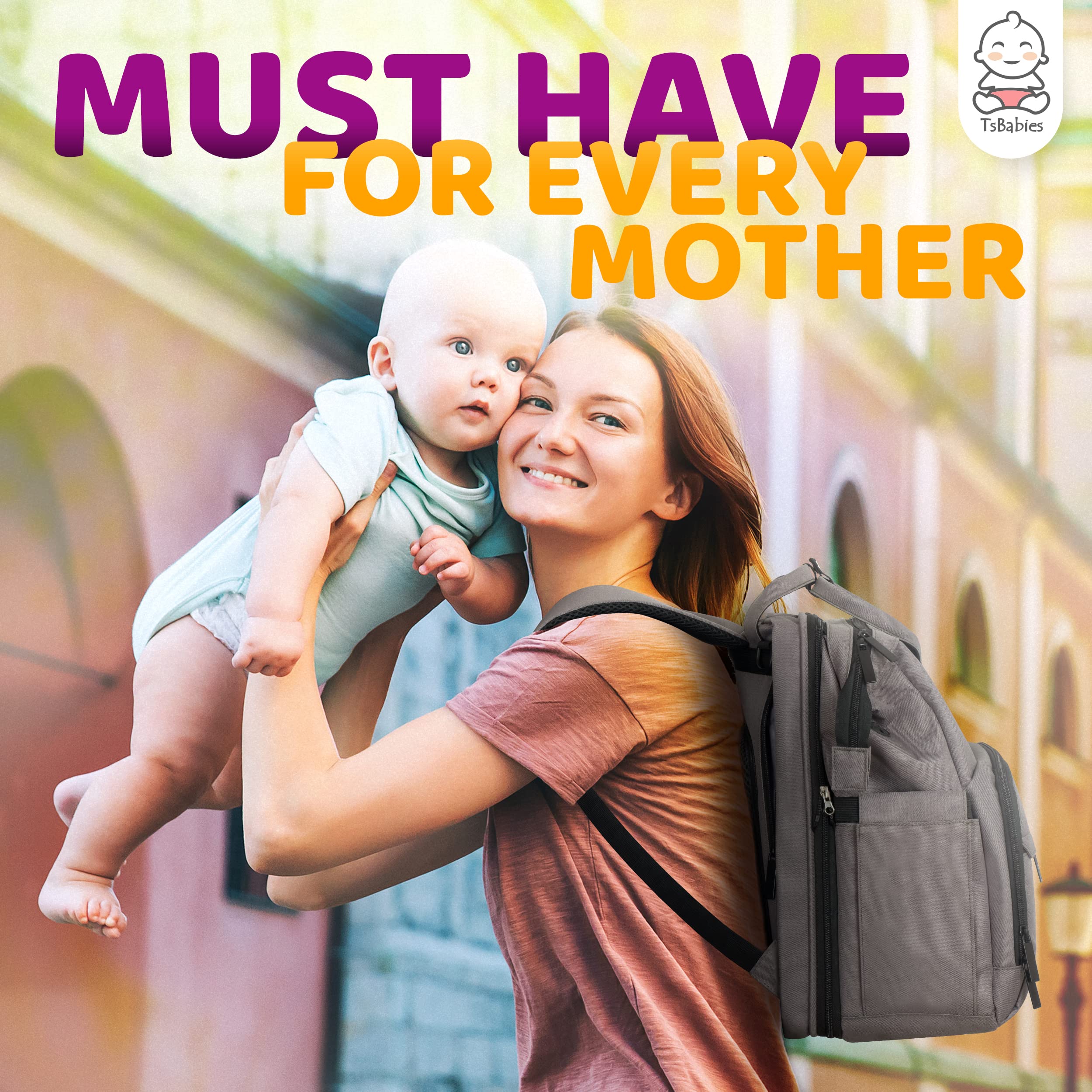 TsBabies Innovative Diaper Bag with Changing Station, Large Baby Bag, Diaper Bag Backpack with Insulated Pockets, Baby Shower Gifts