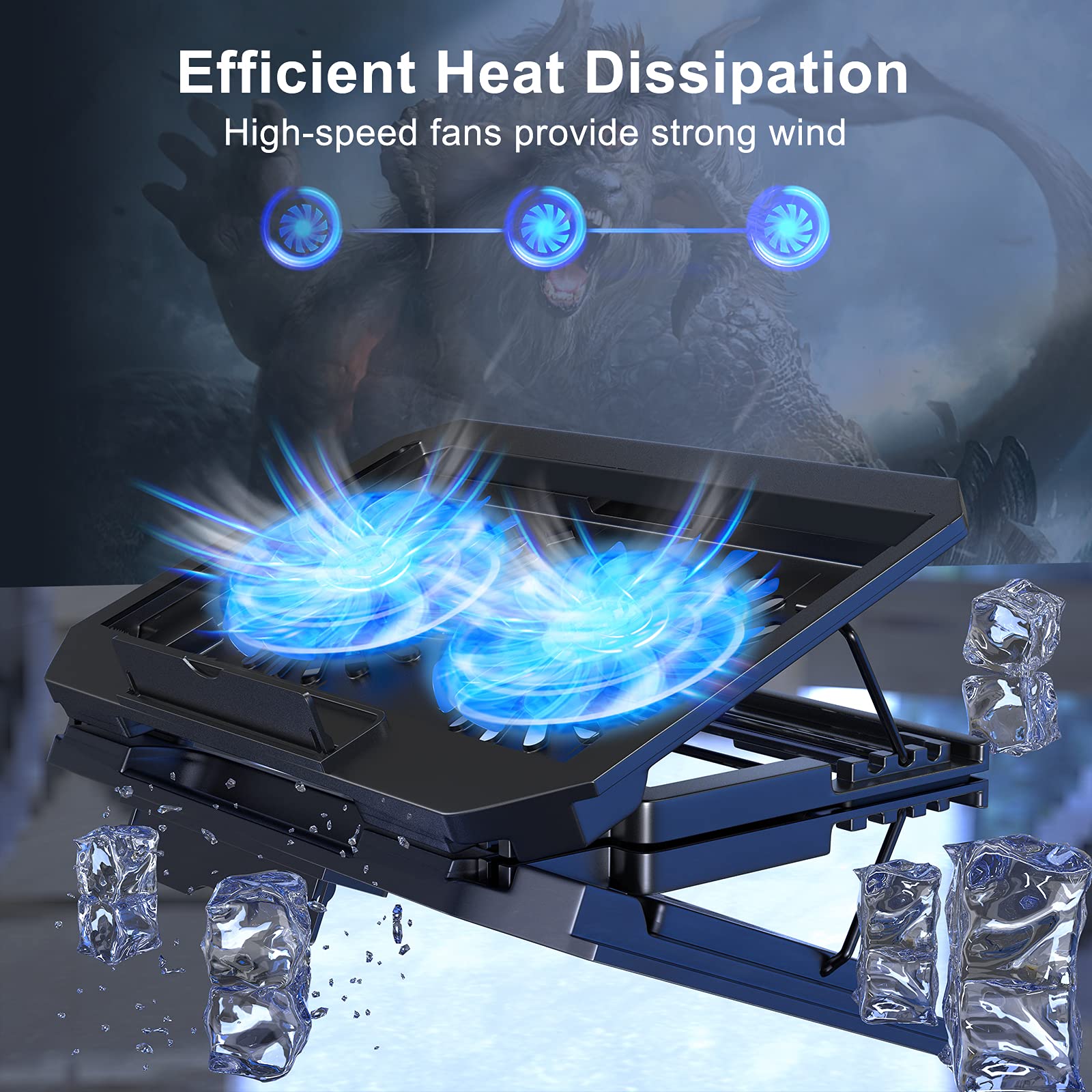 LIENS Laptop Cooling Pad with Adjustable Height Two 5.1 Inches Fan 2 USB Ports Suitable for 12"-15.6" Laptops(Black)