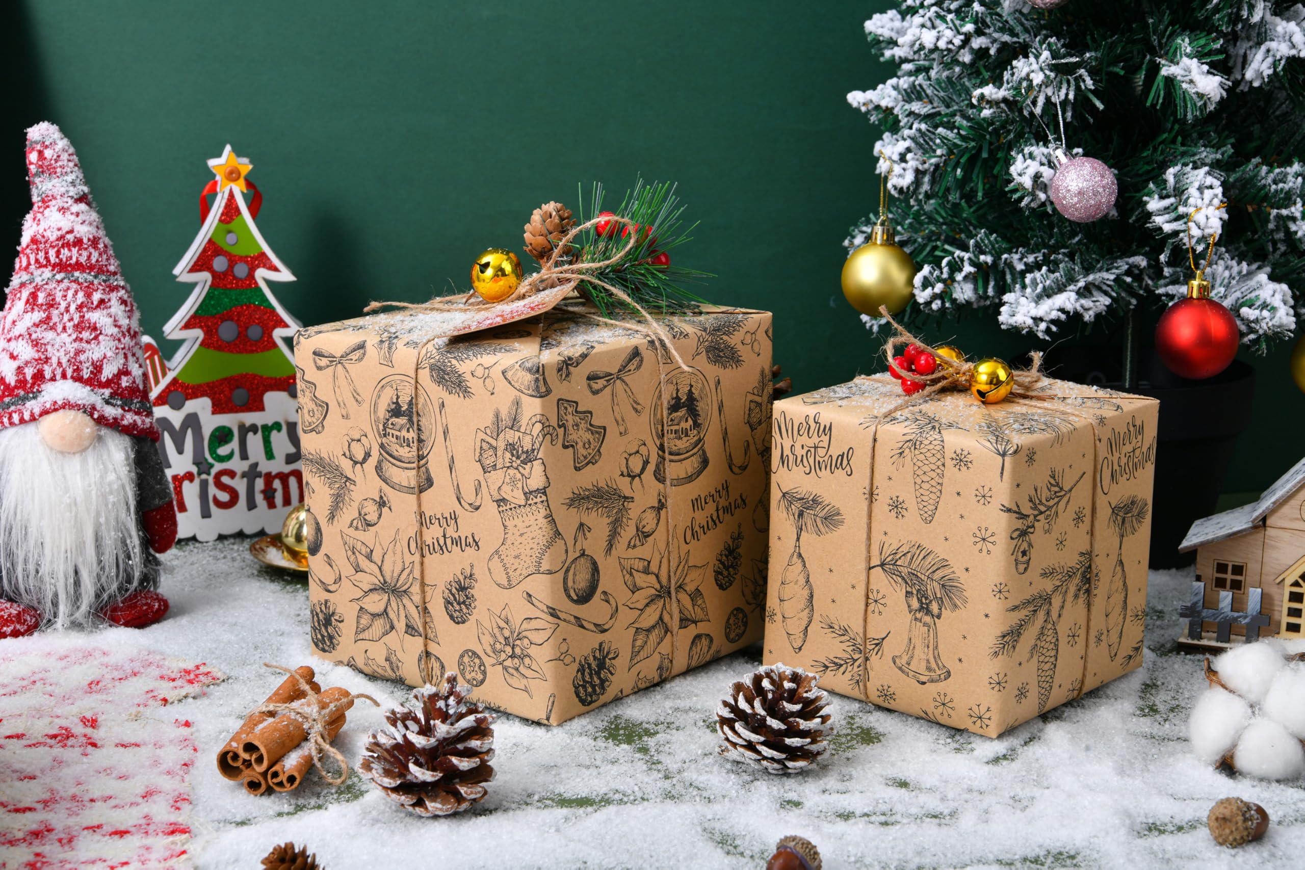 Titiweet Vintage Christmas Wrapping Paper Roll - Mini Roll 17" X 120" Kraft Christmas Wrapping Paper, 3 Rolls Aesthetic Christmas Wrapping Paper(Vintage Christmas)