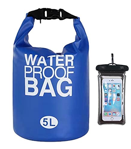 KoolRun Waterproof Dry Bag Backpack - 5L Roll Top Lightweight Dry Storage Bag for Men Women, Backpacking Dry Bag with Waterproof Phone Pouch Case for Swimming Boating Kayaking Camping and Beach-Blue