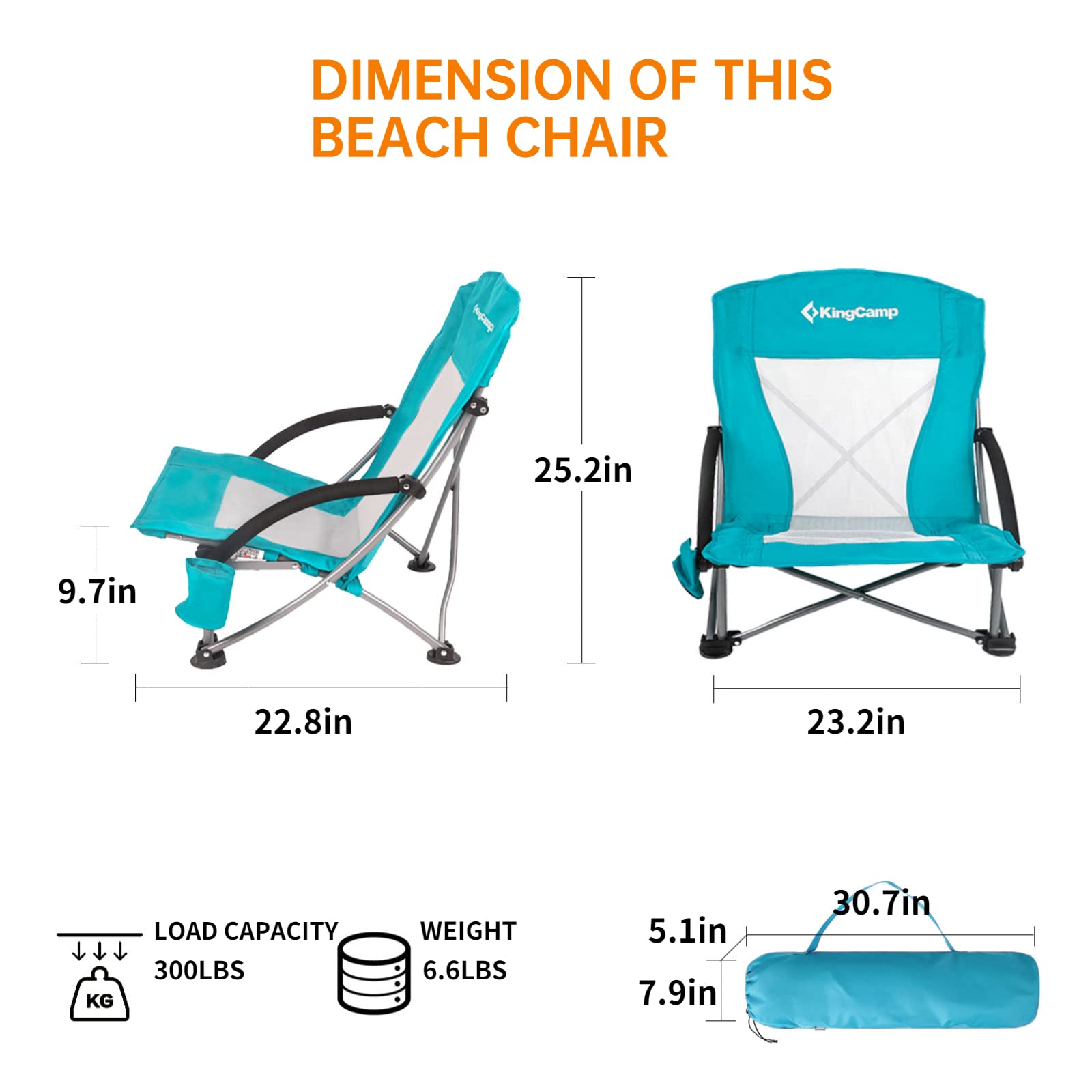 KingCamp Low Beach Chairs for Adults, Portable Lightweight Camping Chair with Padded Armrest & Carry Bag & Cup Holder, Mesh Back Sand Chairs for Beach,Camping,BBQ,Outdoor Travel, Compact & Heavy Duty