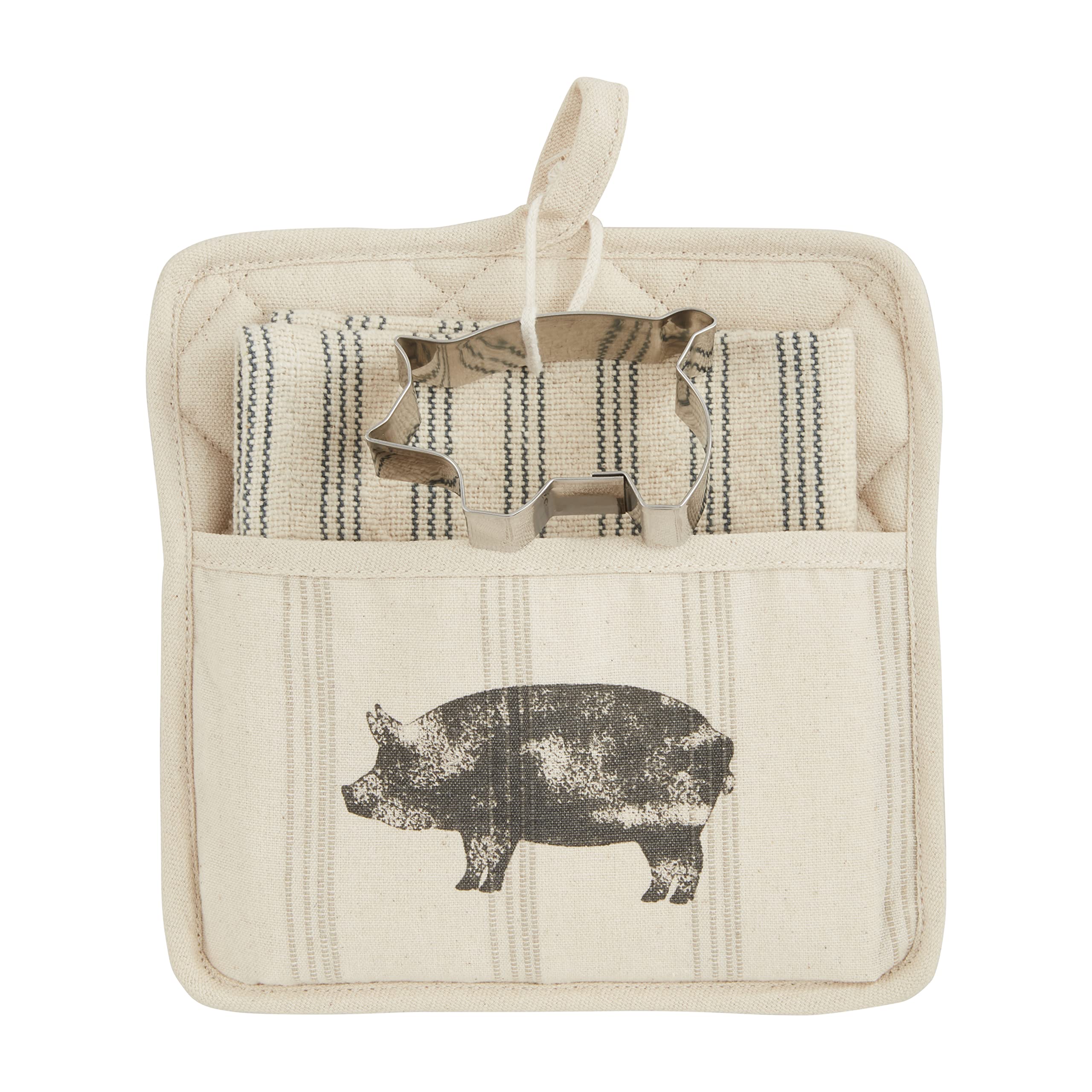 Mud Pie Farm Pot Holder & Towel Set, Pig, 8" x 8"