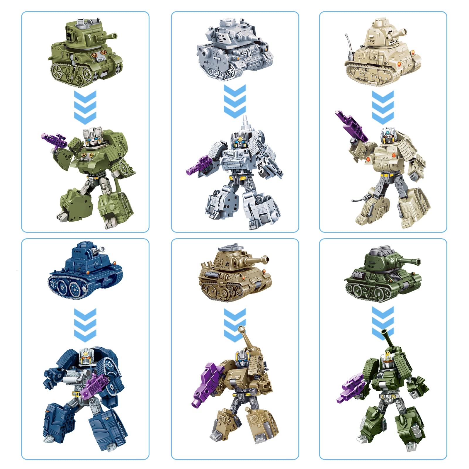 TUNJILOOL 6 Pack Tank Transform Toys Robot, 6 in 1 Transforming Tank Cars Toys Transform for Kids