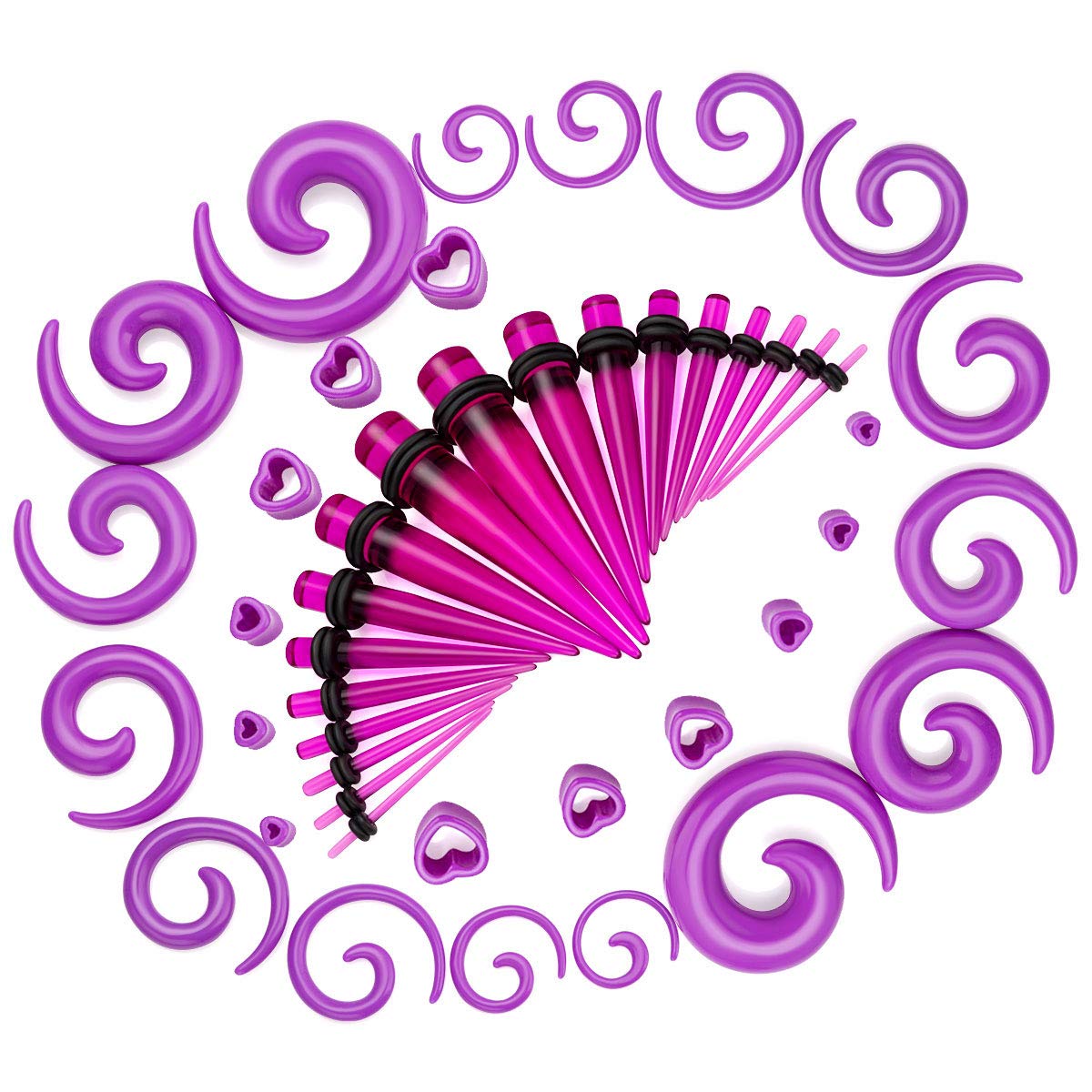 JDXN 64PCS Acrylic Gauge Kit Tapers + Heart Tunnels + Plug With O Ring + Spiral Tapers 14G-00G Stretching Set (Purple)
