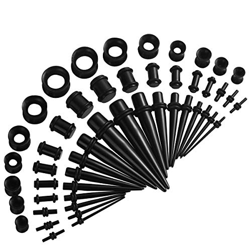 JDXN Acrylic Ear Stretching Kit Tapers Plugs Silicone Tunnels Gauges Expander 14G-00G Jewelry 50 Pieces Set (black)