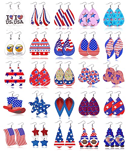 MOROYA 25 Pairs 4th of July Independence Day Leather Earings for Women Lightweight Star Gnome Smile Hat Patriotic Teardrop Dangle Earrings American Flag Earrings Set July 4th Decoration