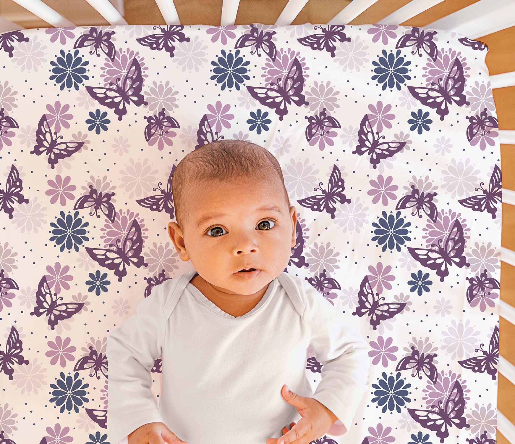 The Peanutshell Purple Floral and Butterfly Fitted Crib Sheets for Girls | 6 Pack
