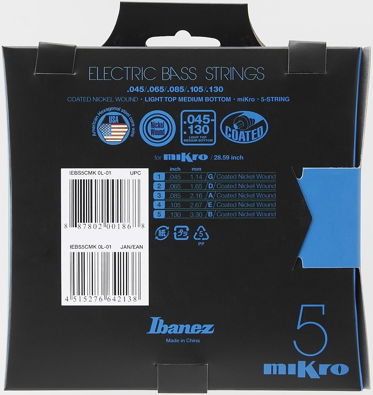 Ibanez IEBS 5 Coated Nickel Wound Mikro Bass Guitar Strings (IEBS5CMK)