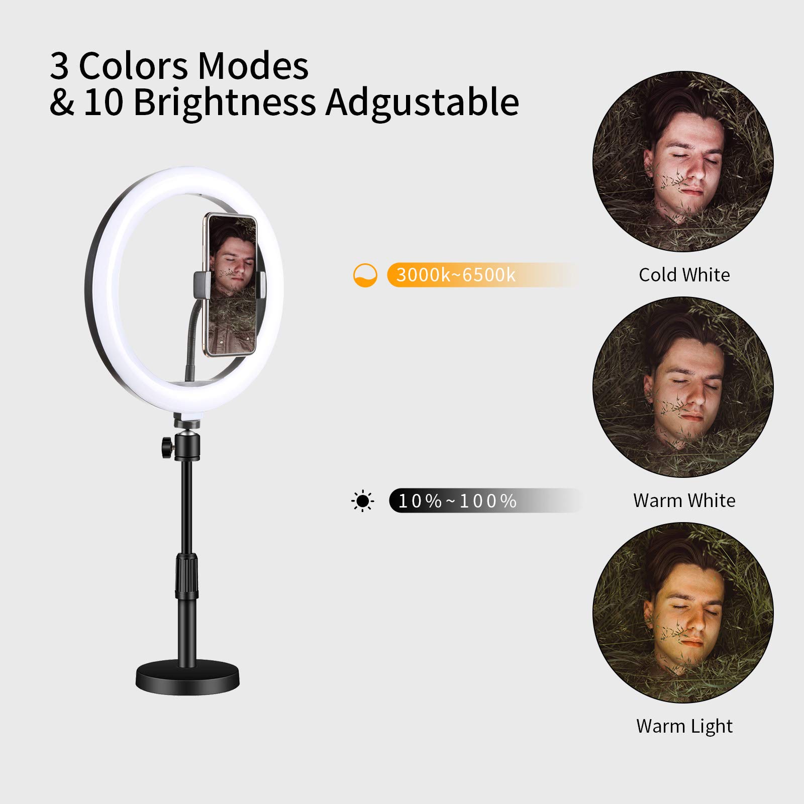 LED Ring Light, 10-inch Desktop Dimmable Beauty Smartphone Ring Light with Stand Cell Phone Holder and Wireless Remote for Makeup, Portrait Photography, Videos, Live Streaming
