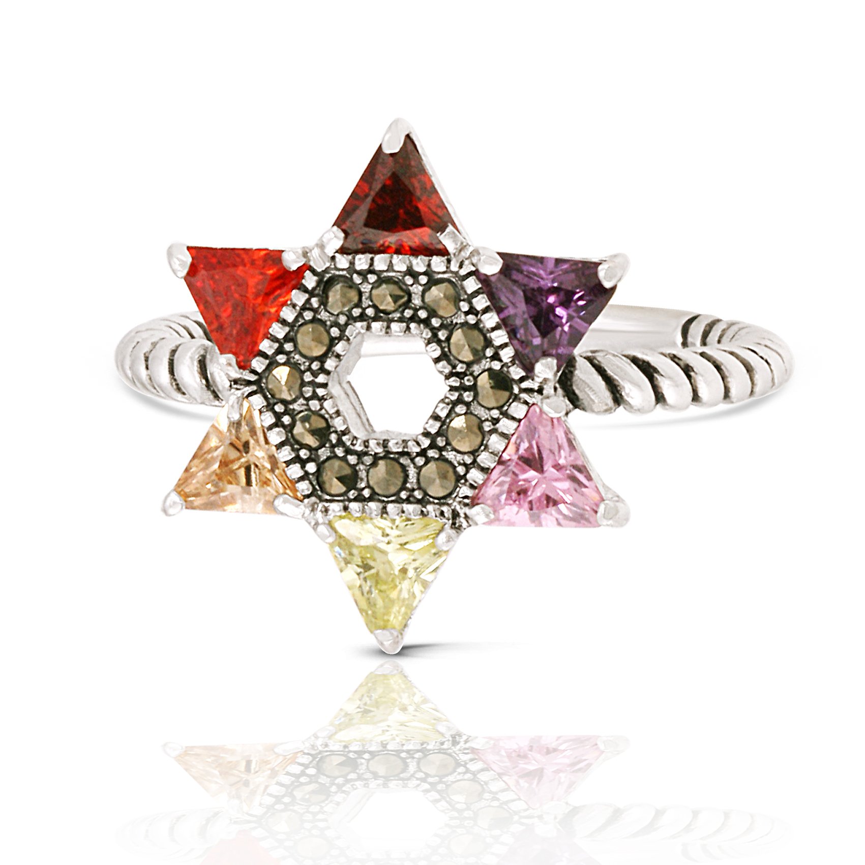 JanKuo Jewelry Rhodium Plated Multicolor Cubic Zirconia Jewish Star of David Twisted Rope Ring (6)