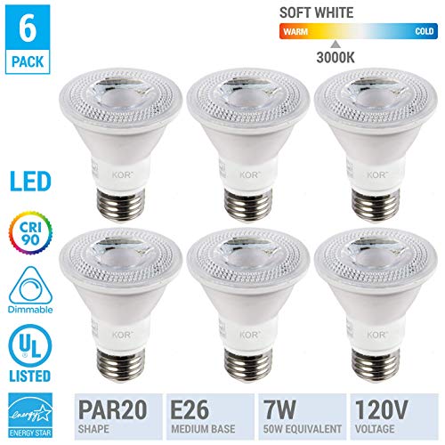 KOR (Pack of 6) LED PAR20 Light Bulbs, 8W (Replaces 50W 50PAR20), 3000K Soft White, E26 Base, Dimmable, Waterproof Indoor/Outdoor Use, UL & Energy Star