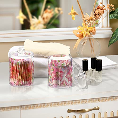 xigua 2 Pack Amaryllis Flowers Pink Apothecary Jars with Lid, Qtip Holder Storage Containers for Cotton Ball, Swabs, Pads, Clear Plastic Canisters for Bathroom Vanity Organization (10 Oz)