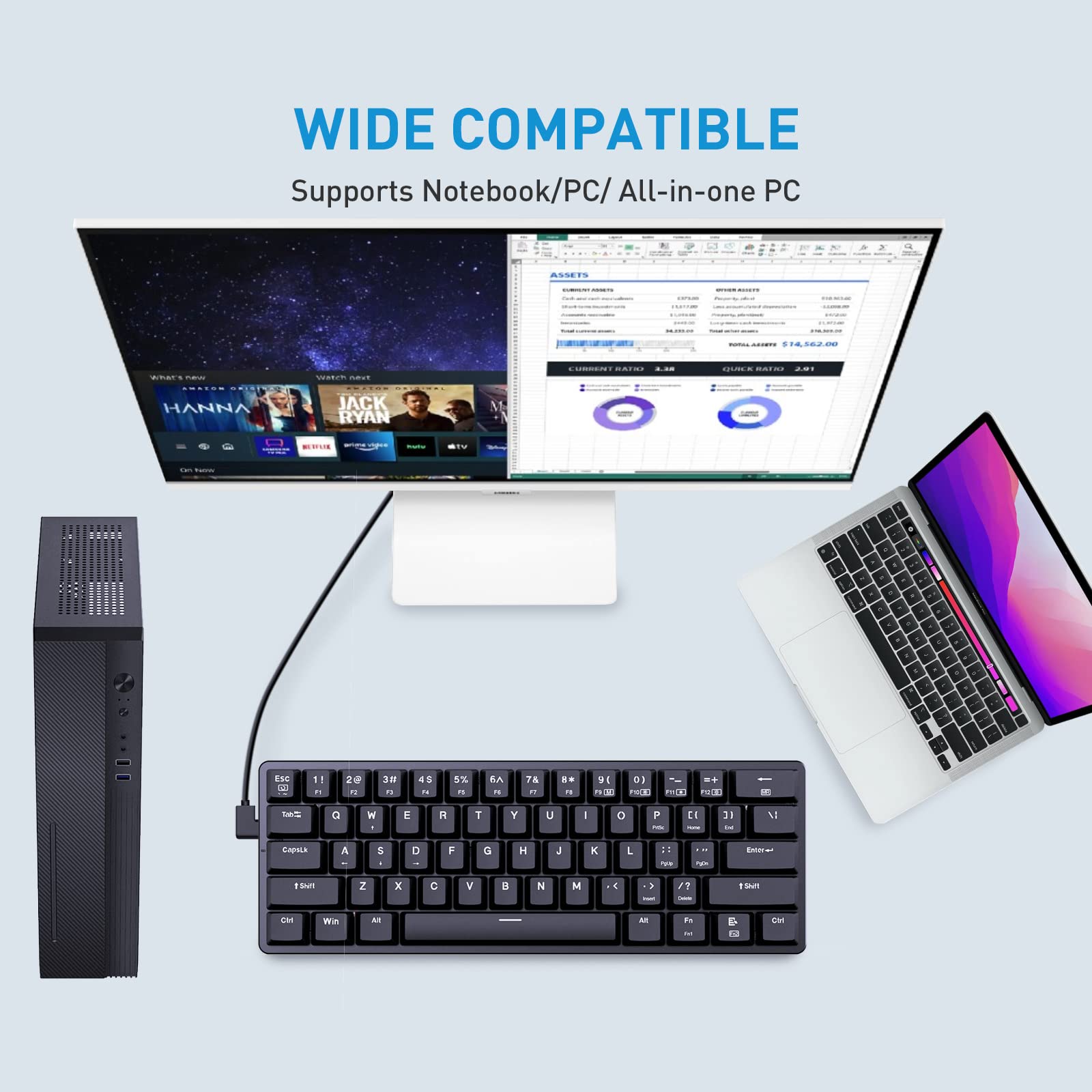 Redragon 60 Percent Mini Keyboard, Mechanical Gaming Keyboard with Low Profile Blue Switches, 18 LED Backlits, Wired Compact Portable Keyboard for Windows PC Mac, Typing, Travel, K615
