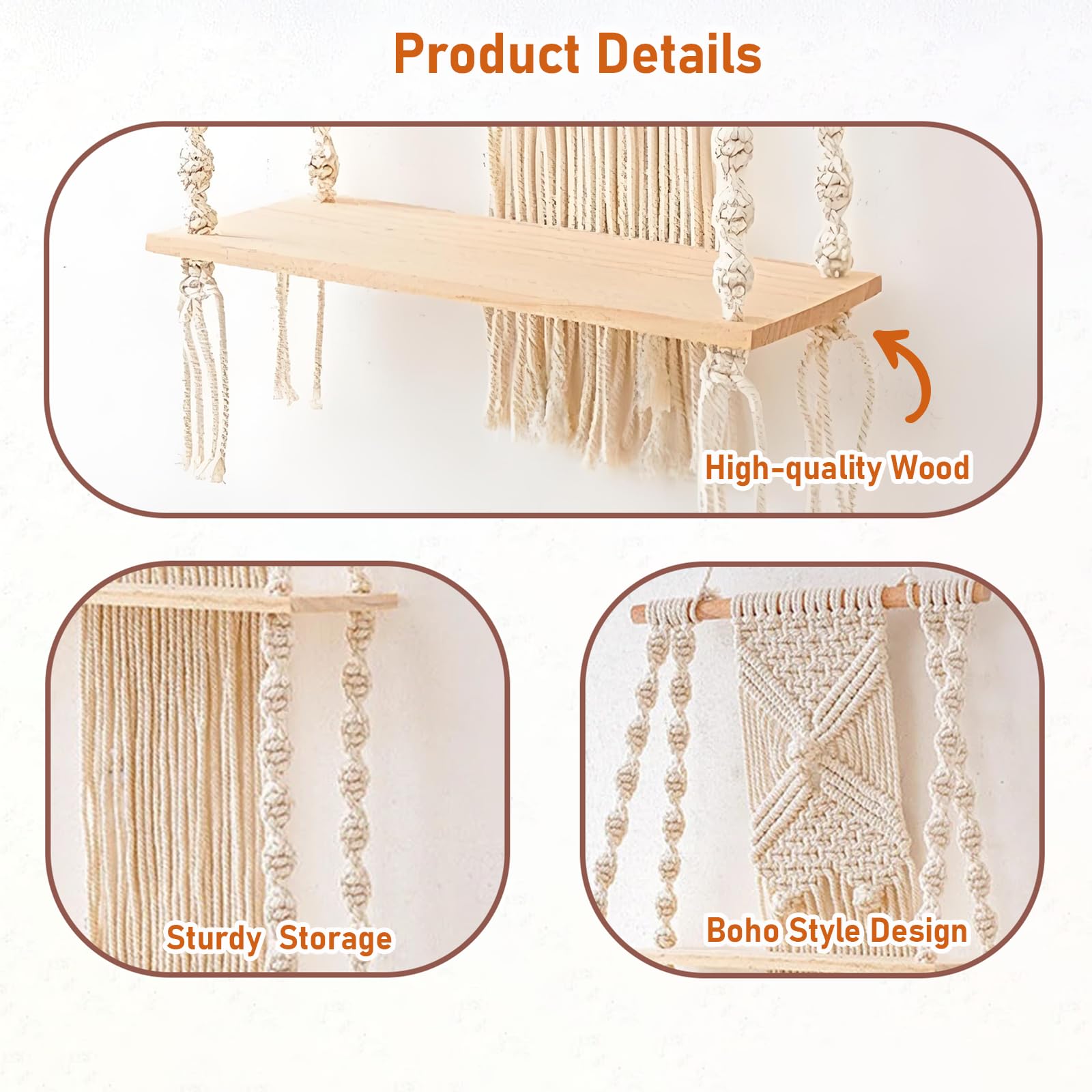 YOJO Macrame Wall Hanging Shelf,2 Tier Boho Wall Plant Hanger Shelves,Handmade Bohemian Woven Floating Shelves for Bedroom Living Room Apartment Home Decor