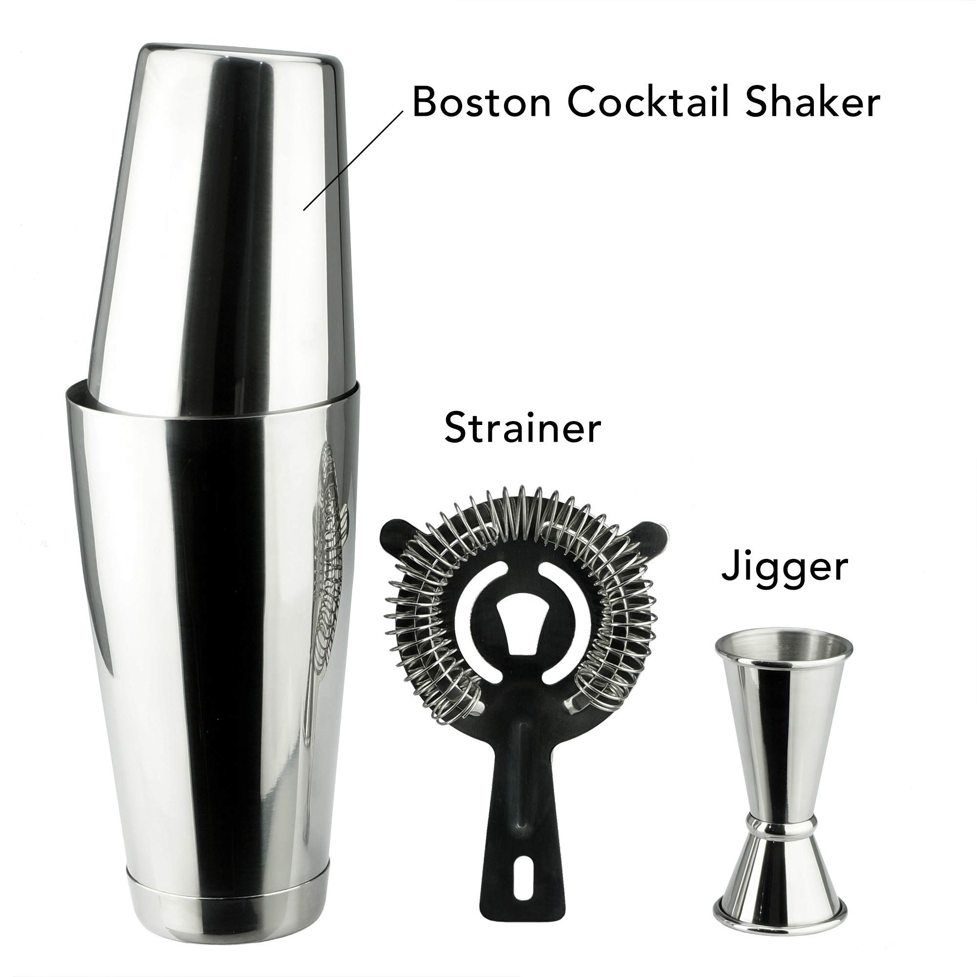 PG Boston Cocktail Kit - 4PC Premium Stainless Steel Shaker Set - 30oz Gloss Finish β2-Piece Shaker with Cocktail Strainer and Double Jigger